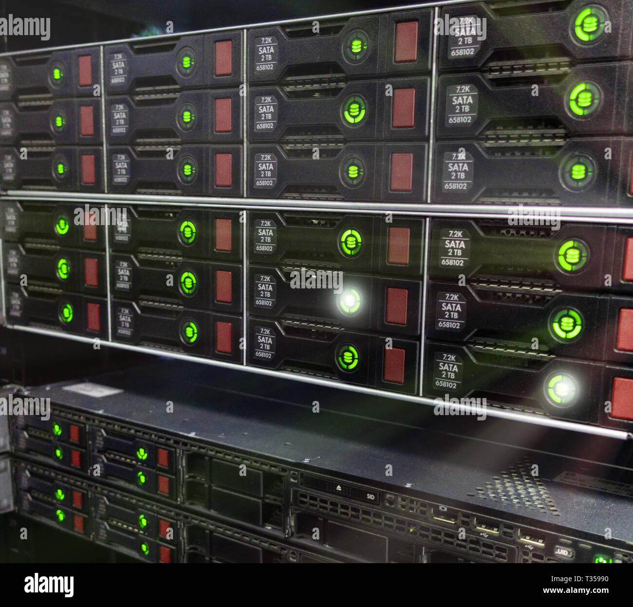 Many Powerful Servers Running In The Data Center Server Room Disk Storage Array Image Has