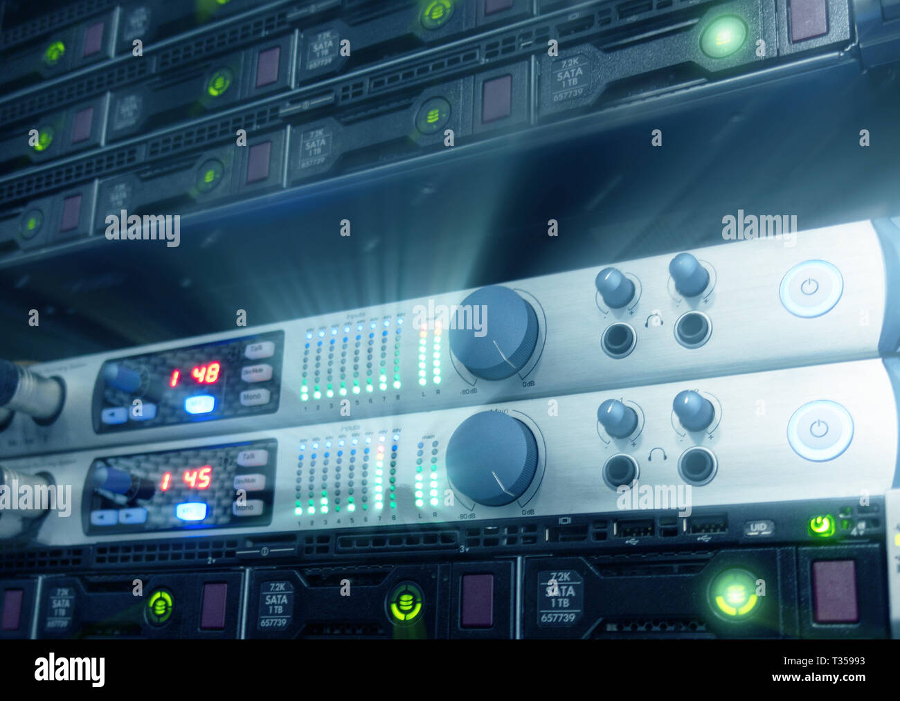 Panel modern servers in the data center. Supercomuter telecommunication ...