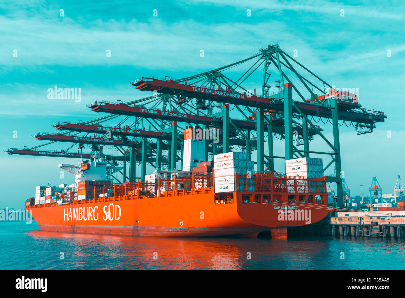 Hamburg, Germany - November 01, 2015: Red ontainer ship Cap San Marco ...