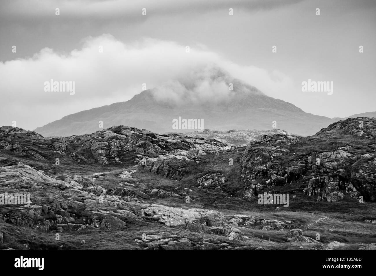 Misty view of Ben Stack from Blairmore in Sutherland, northern Scotland ...