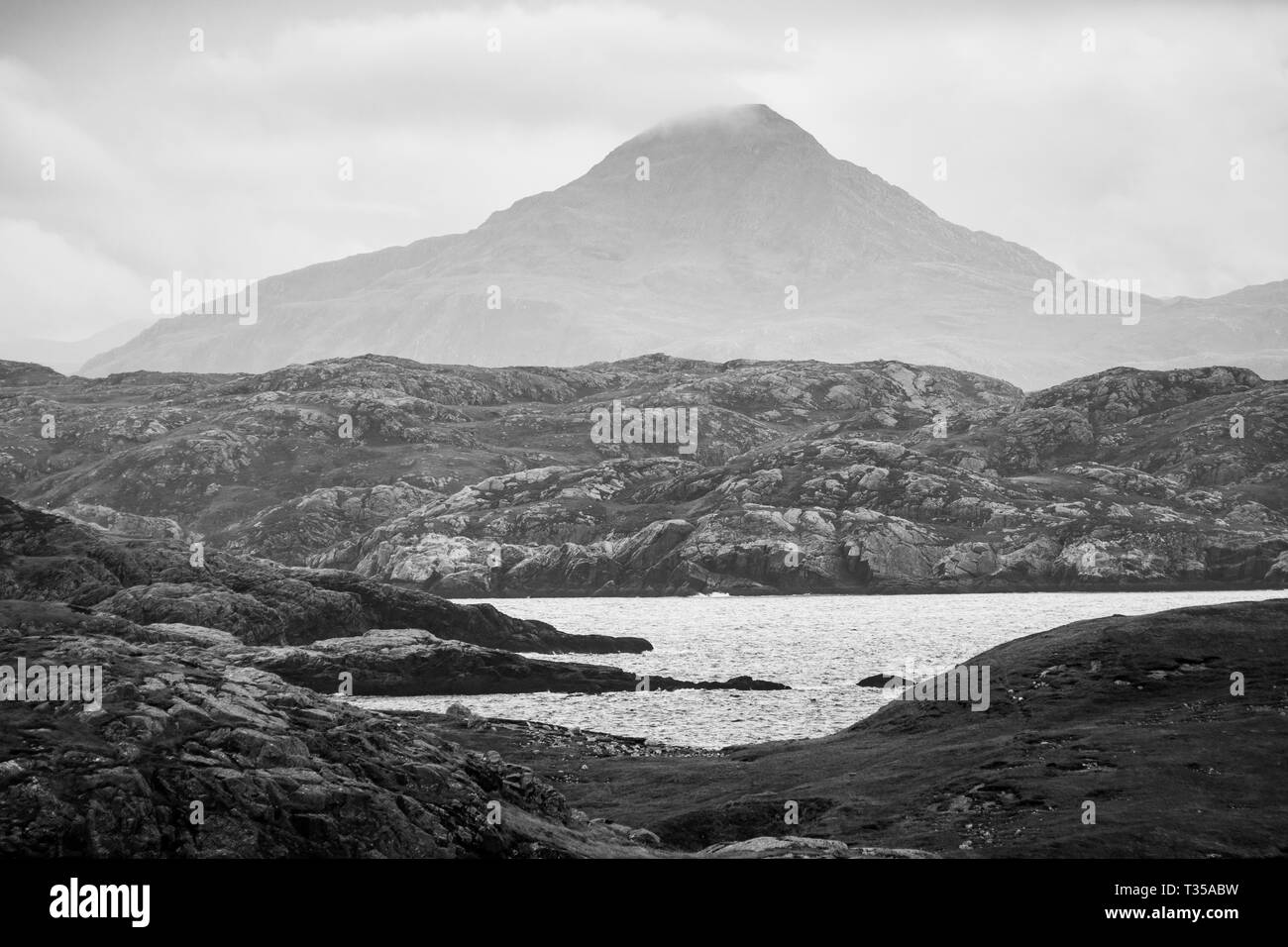 Misty view of Ben Stack from Blairmore in Sutherland, northern Scotland ...