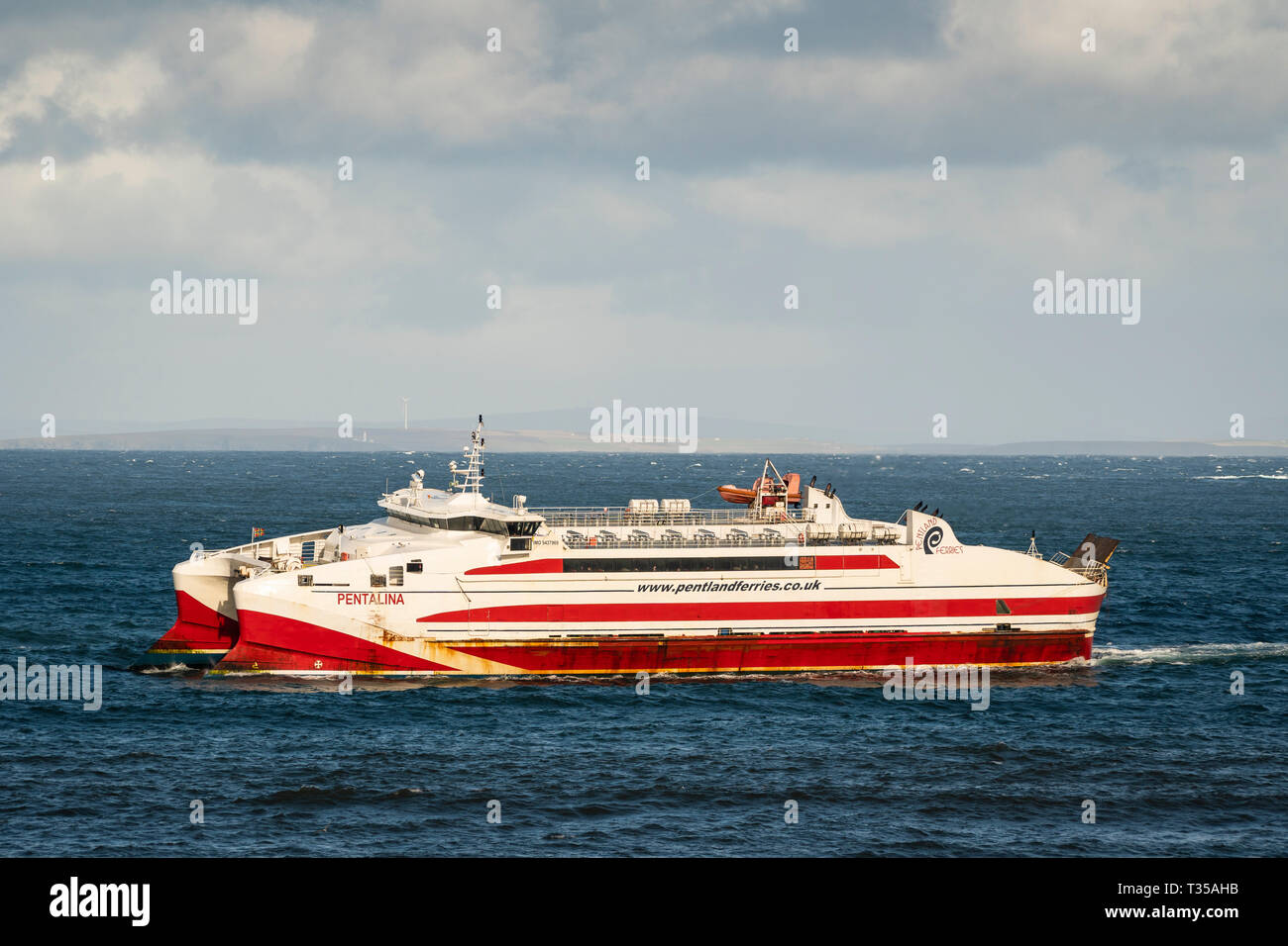 Pentland Ferries' catamaran ferry "Pentalina" arriving from Orkney to ...