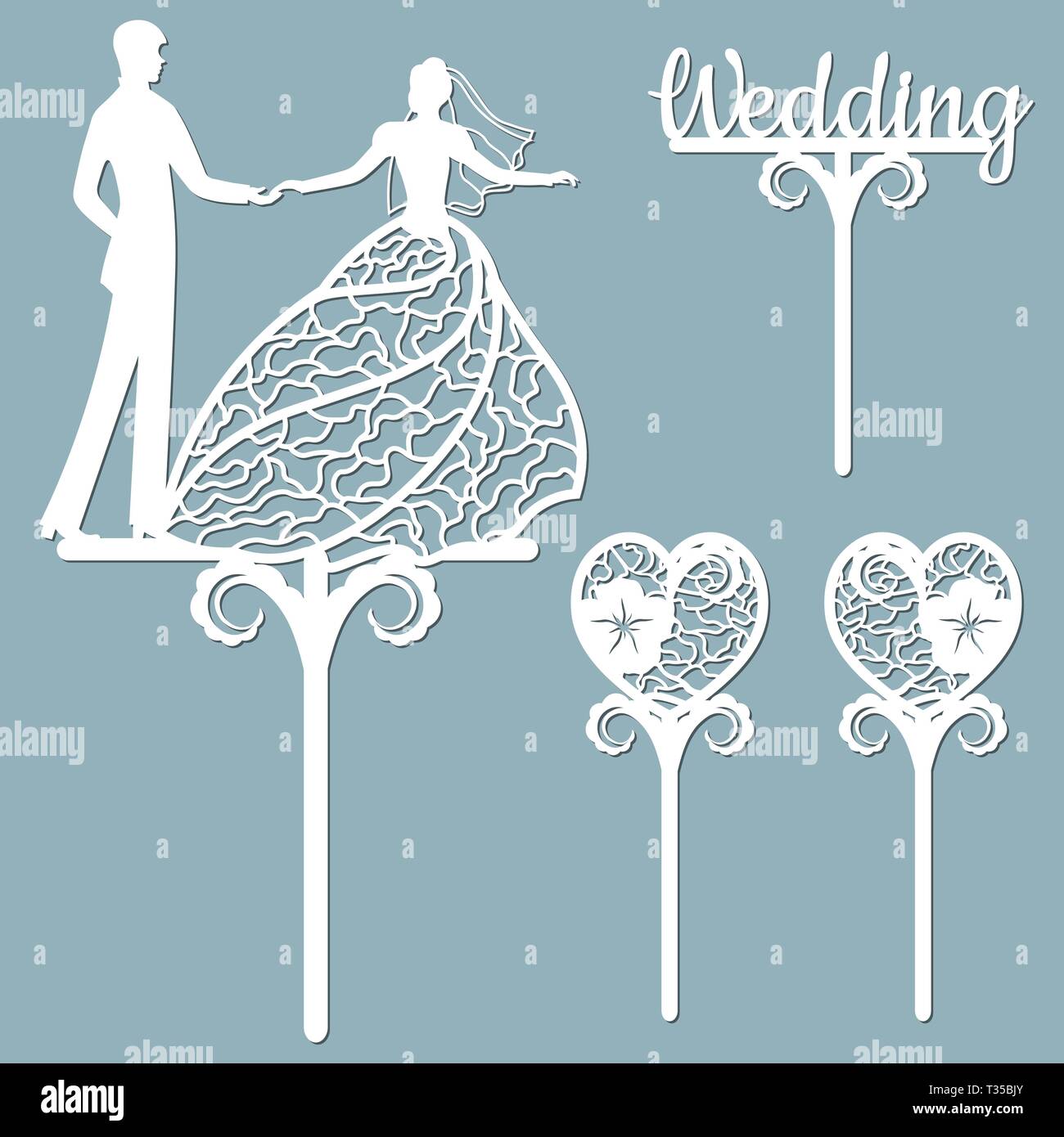 Wedding cake topper for laser or milling cut. Vector graphics. Patterns ...