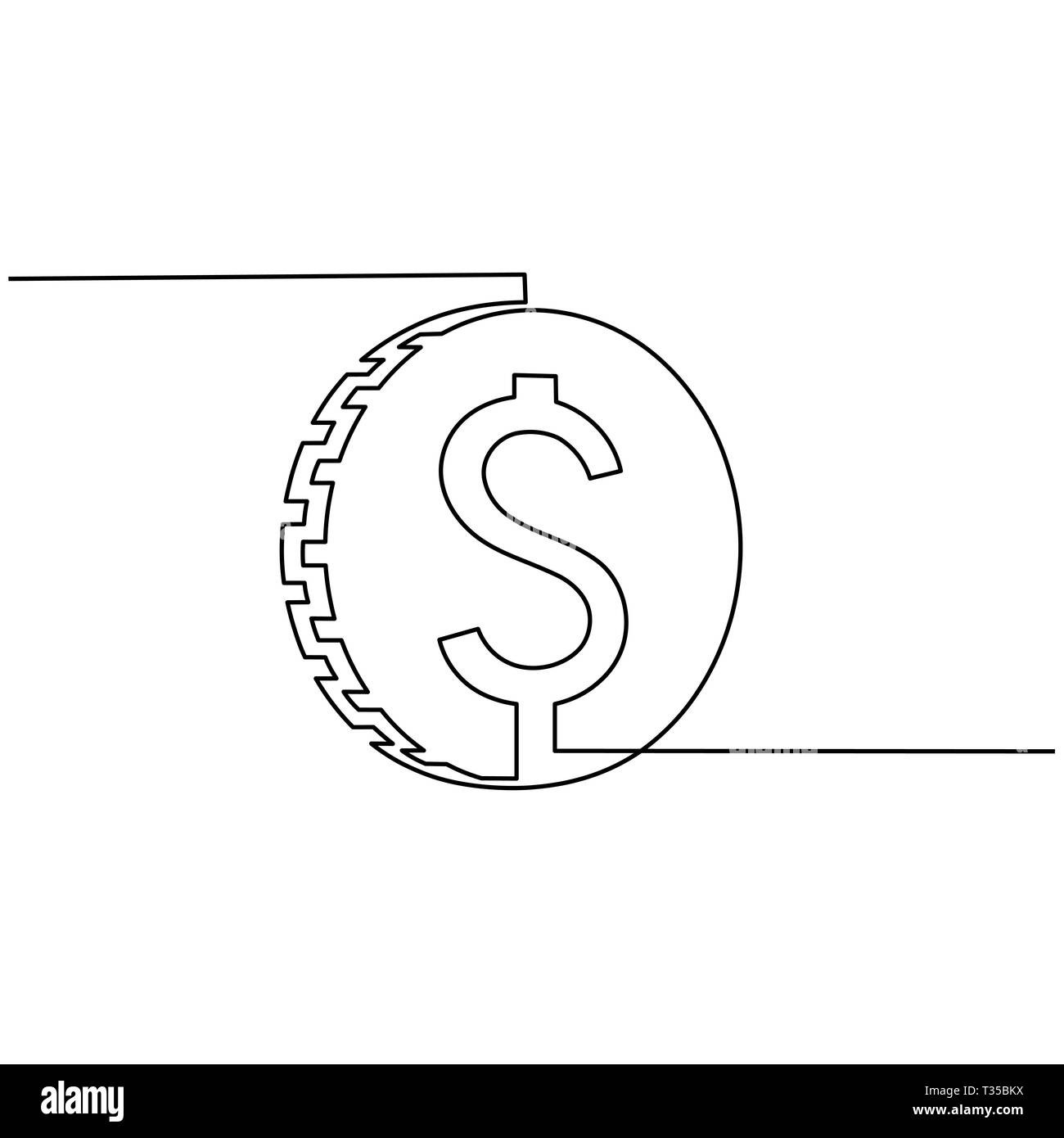 Coin with dollar sign is drawn by one line on a white background ...
