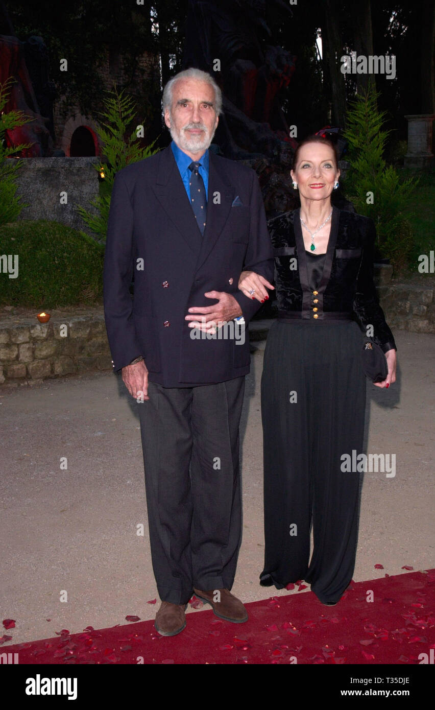 CANNES, FRANCE. May 13, 2001: Actor CHRISTOPHER LEE & wife at party in ...