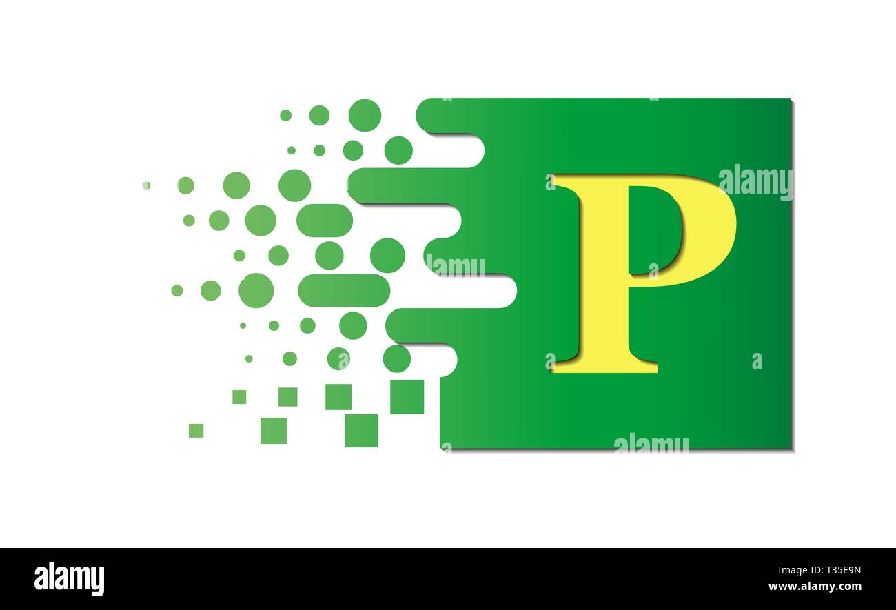 Letter P on a colored square with destroyed blocks on a white ...