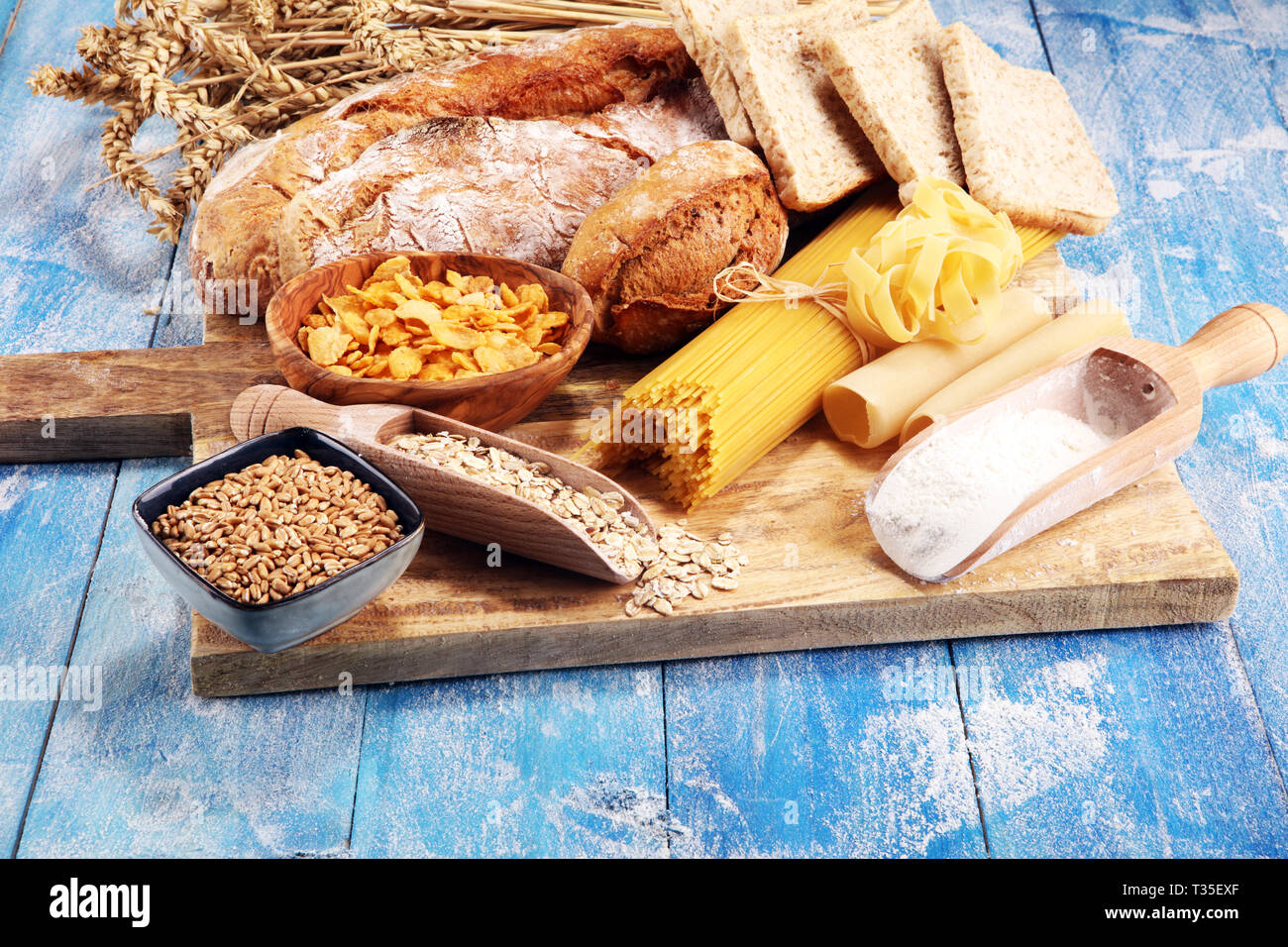 whole grain products with complex carbohydrates on rustic table Stock ...