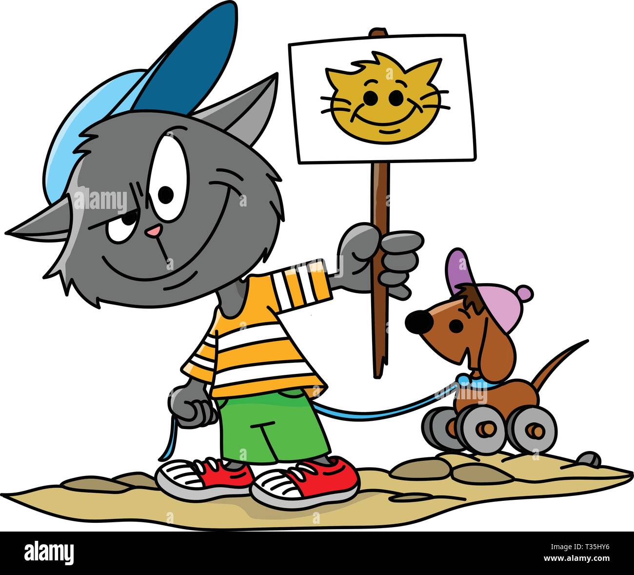 Cartoon cat holding a protest card in his hands vector illustration ...