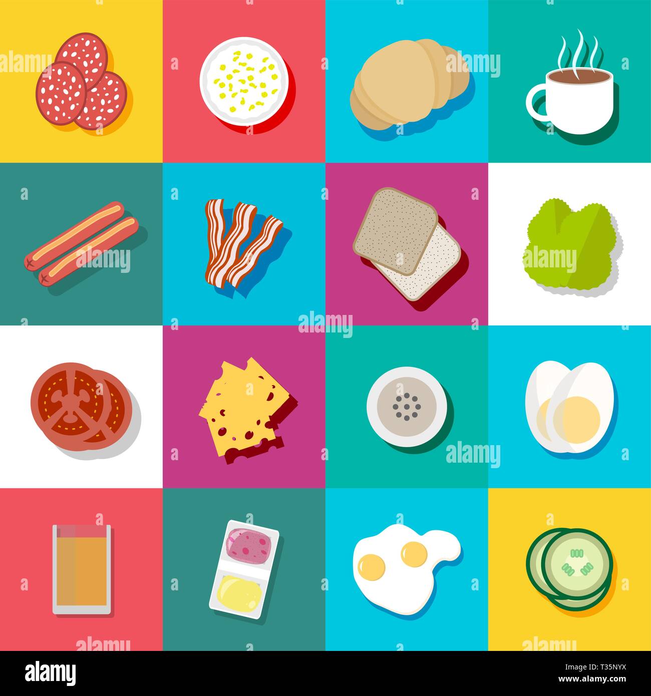 Breakfast colorful icon set. including sausages, bacon, coffee, orange ...