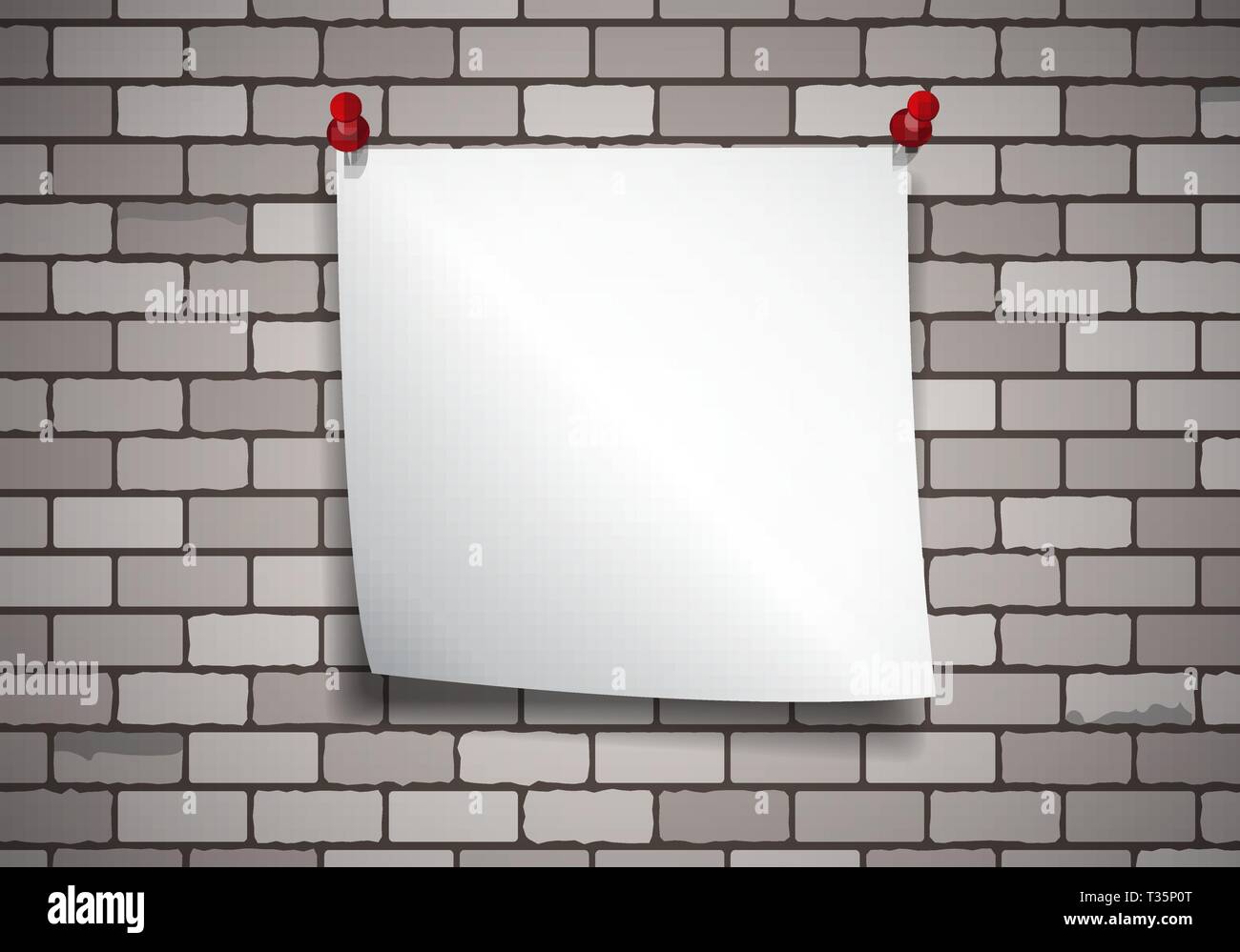 Empty white note paper pinned to brick wall. vector illustration Stock ...