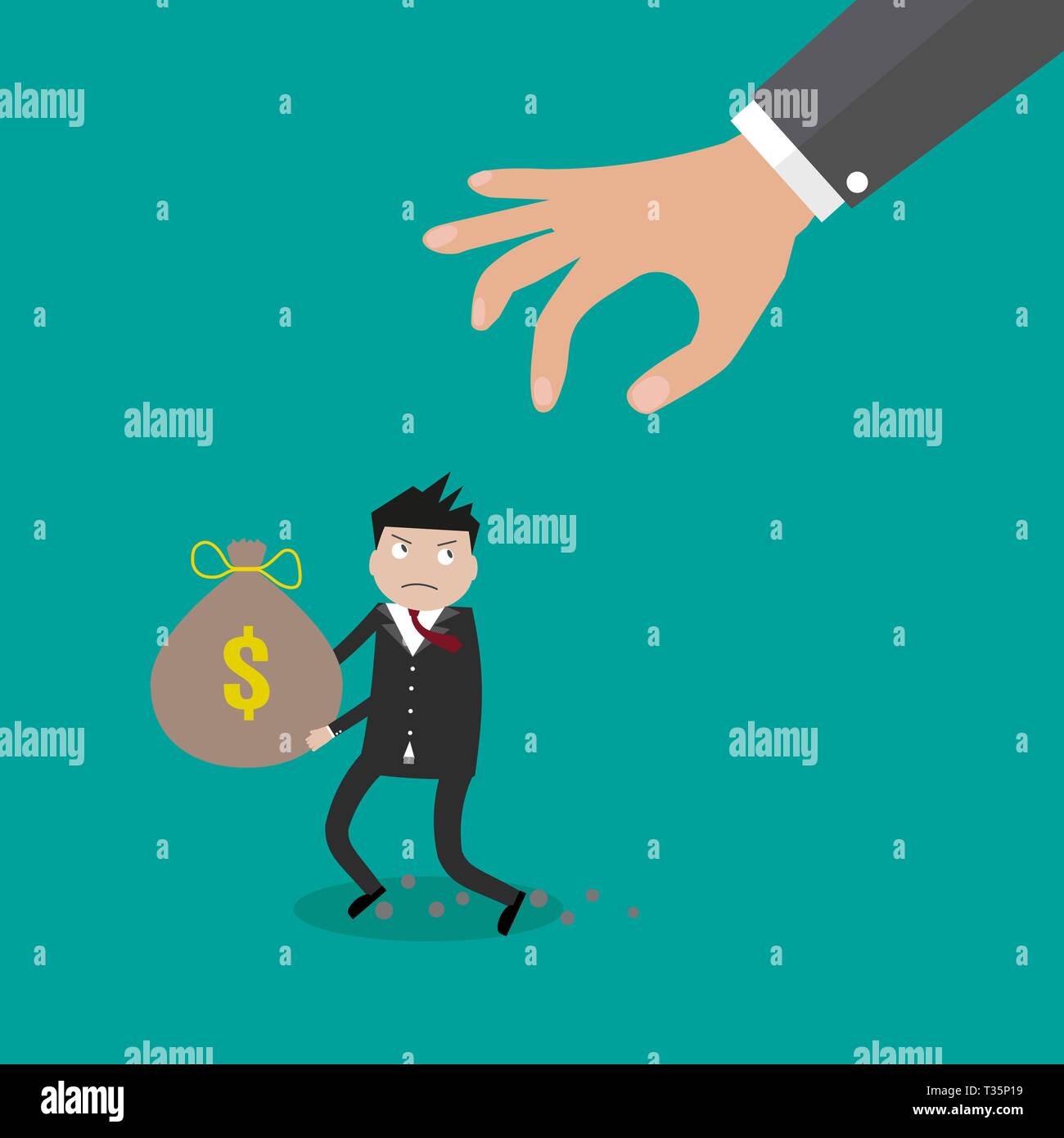 Cartoon hand tries to grab the bag of money running businessman. vector ...