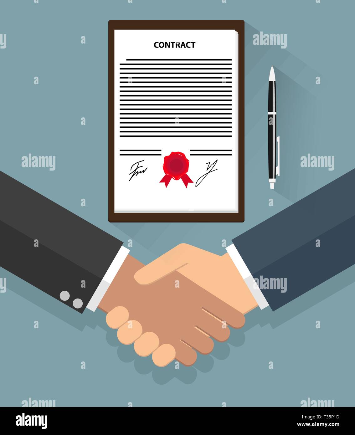 Two cartoon Businessman handshake on contract paper and pen after ...