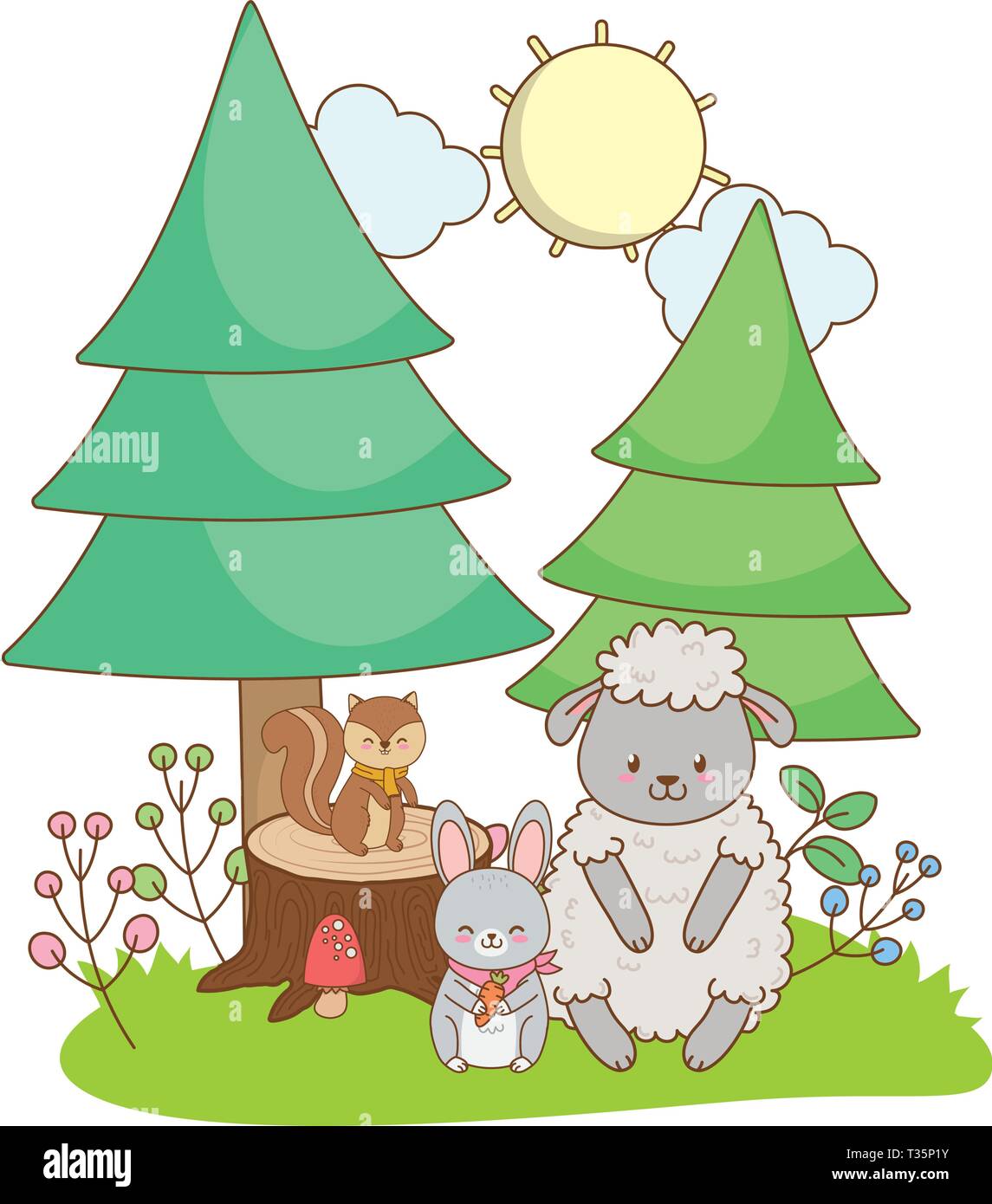 cute little animals at nature outdoor park cartoon vector illustration ...