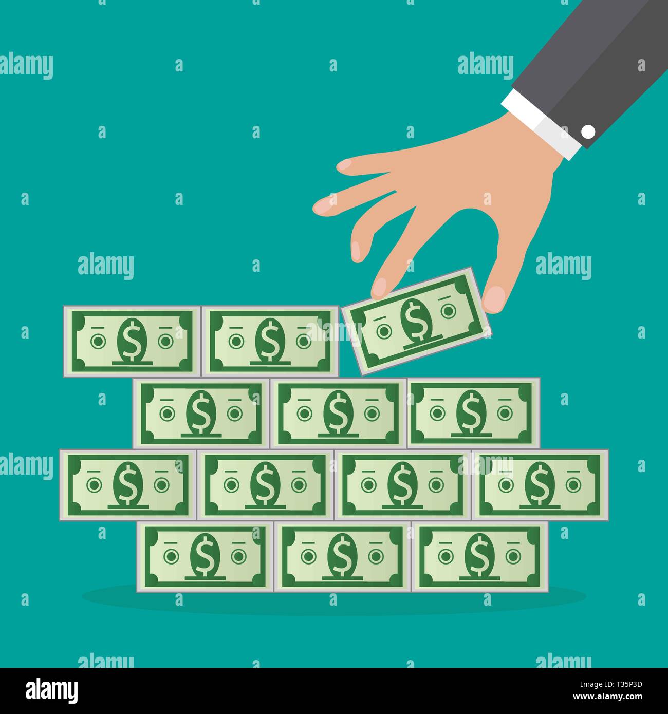 Human hand takes money from cash stacks. Vector illustration in flat ...