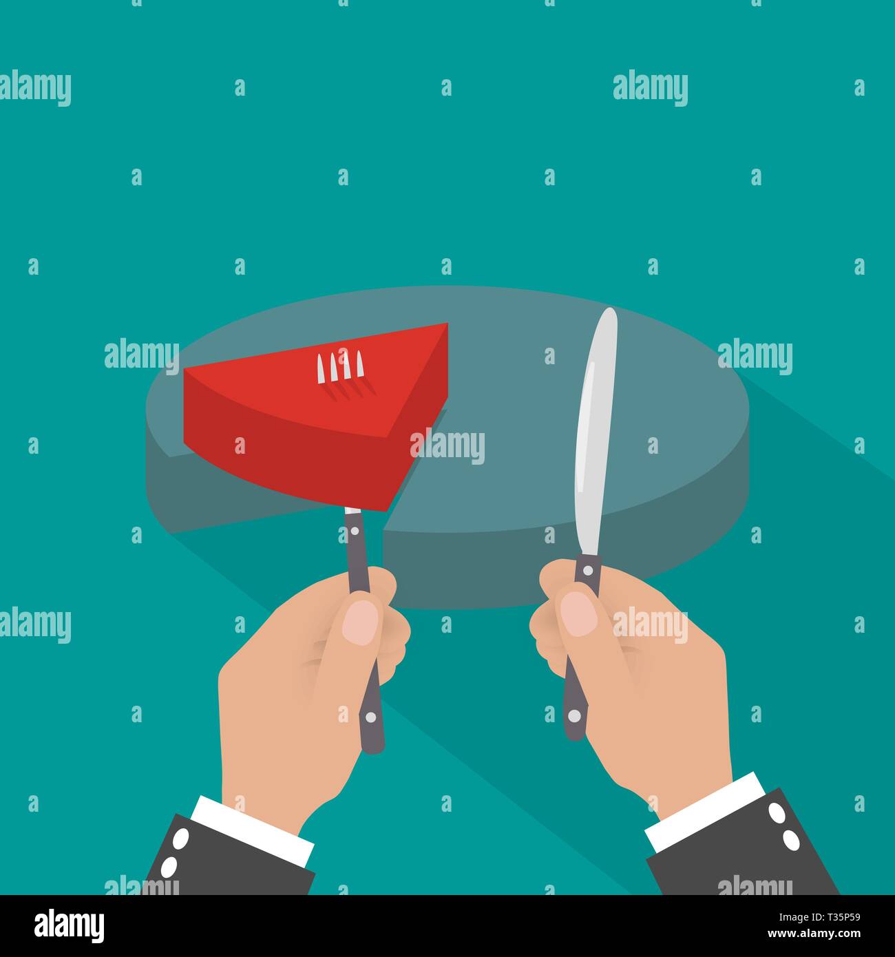 Cartoon businessman hands with knife and fork cut chart pie peace ...