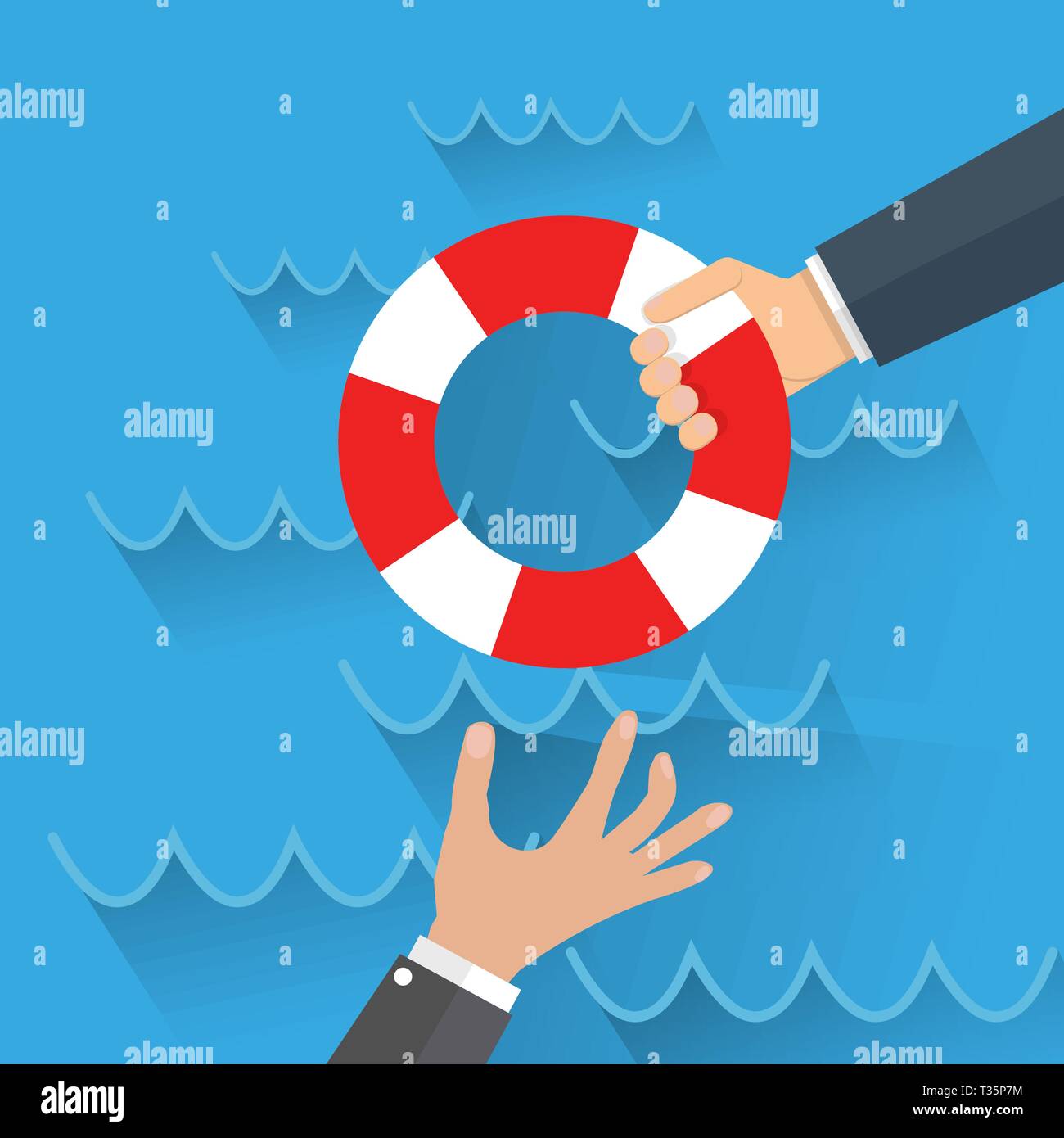 Cartoon Drowning businessman get lifebuoy from another businessman ...