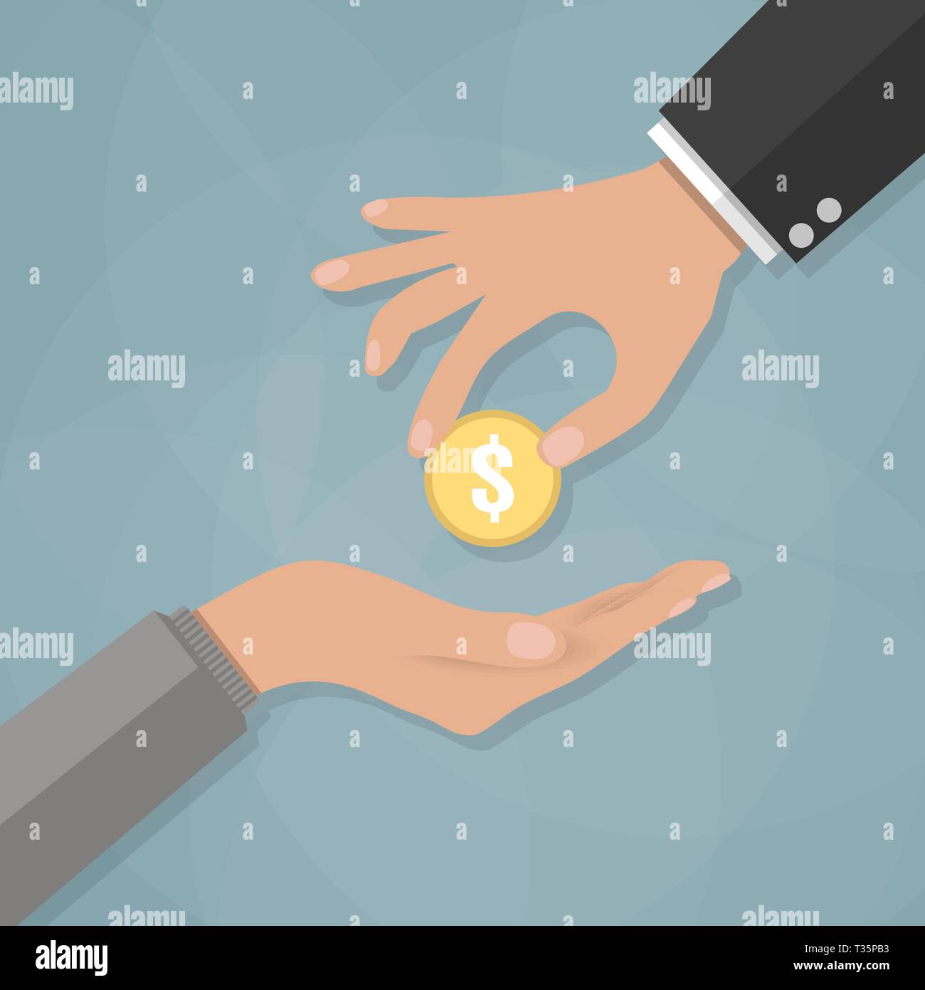 Cartoon businessman Hand giving golden coin to beggar hand. Charity ...