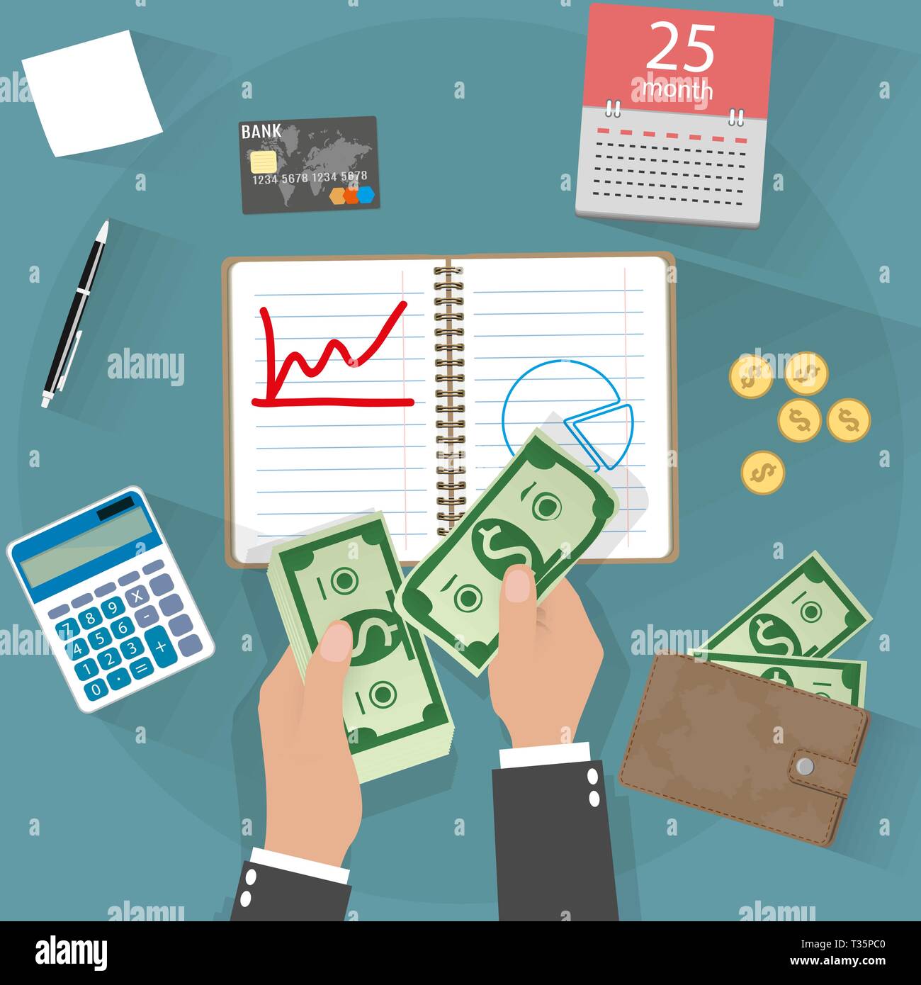 income concept. businessman counting cash money, calculator, wallet ...