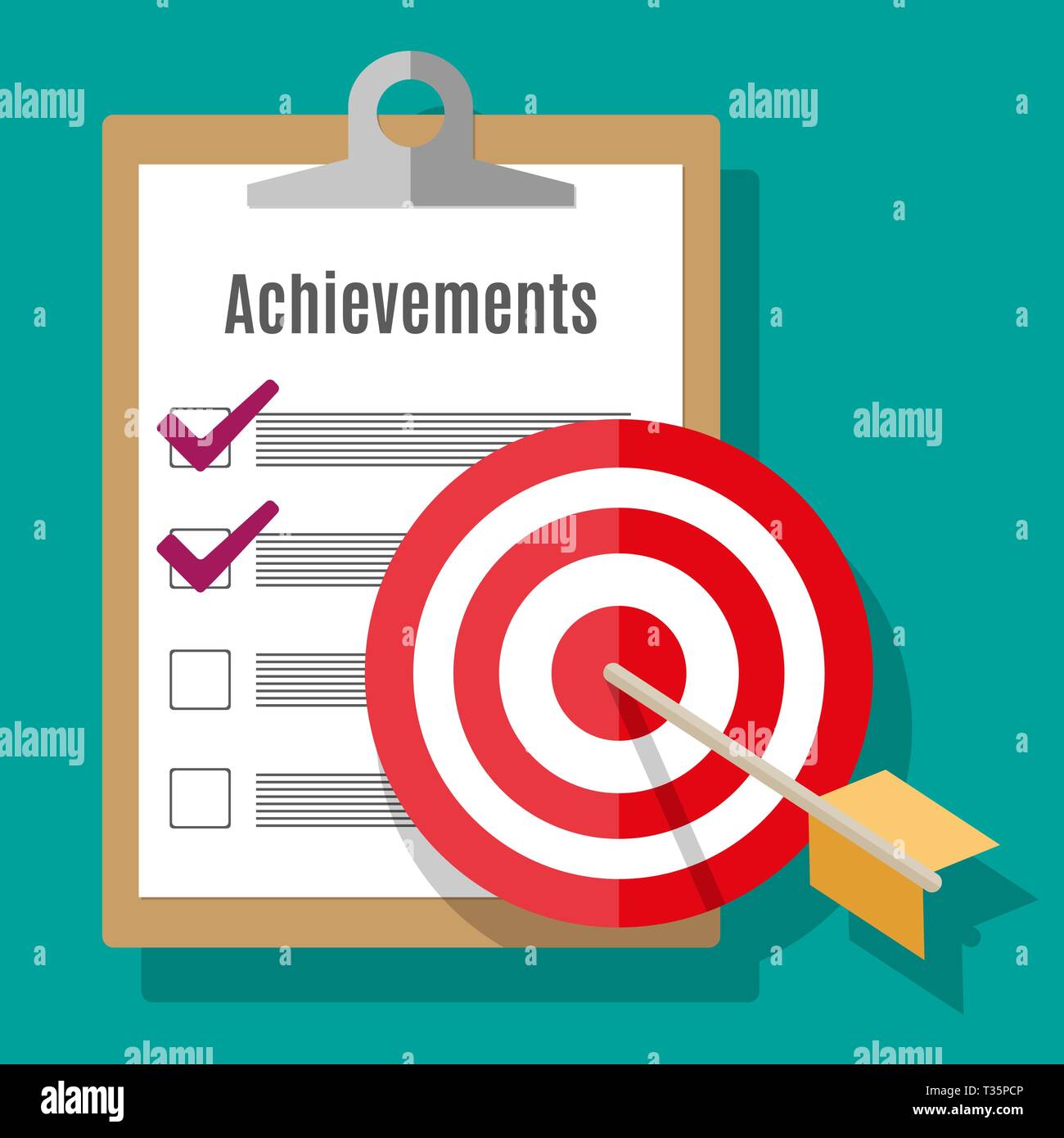 Clipboard with check boxes and darts target with arrow. Goal ...