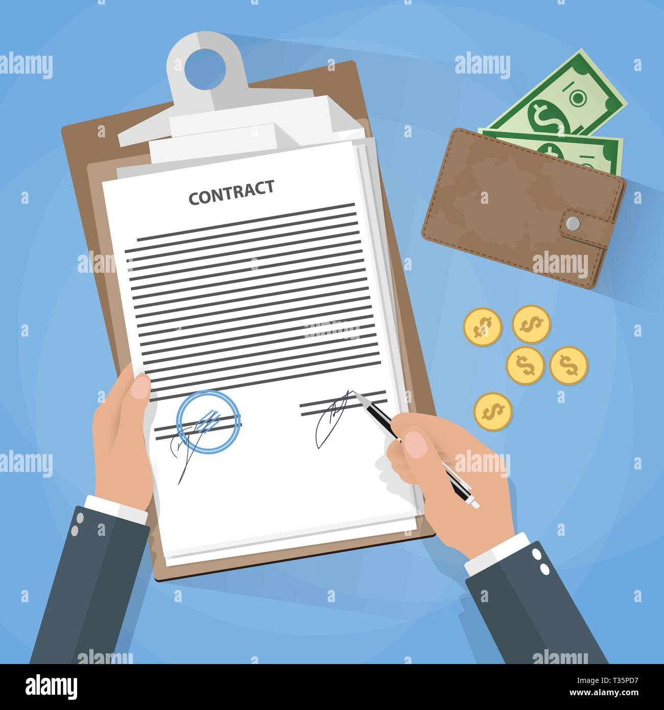 Businessman document signing up contract agreement, blue background ...