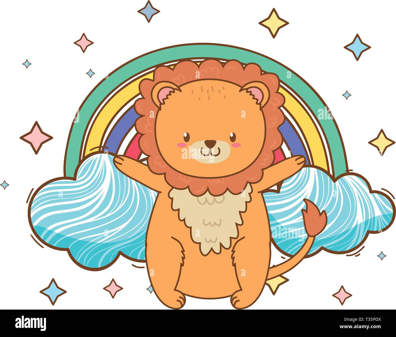 cute little animalm lion in front rainbow cartoon vector illustration ...
