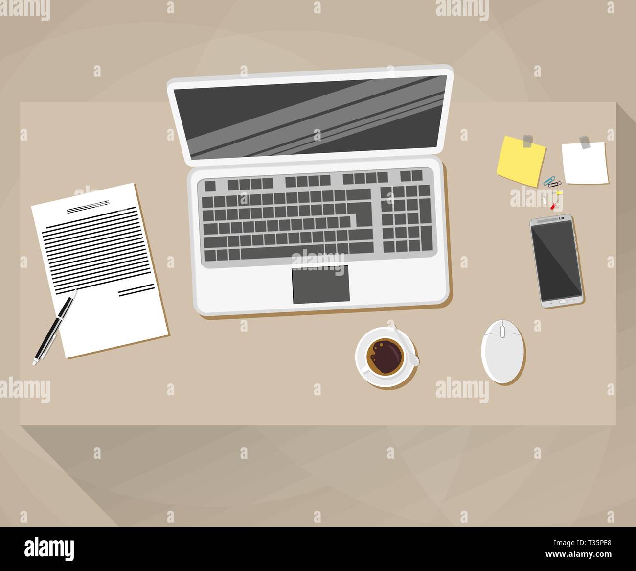 Office, desk top view. Laptopwith wireless mouse, documents paper, pen ...