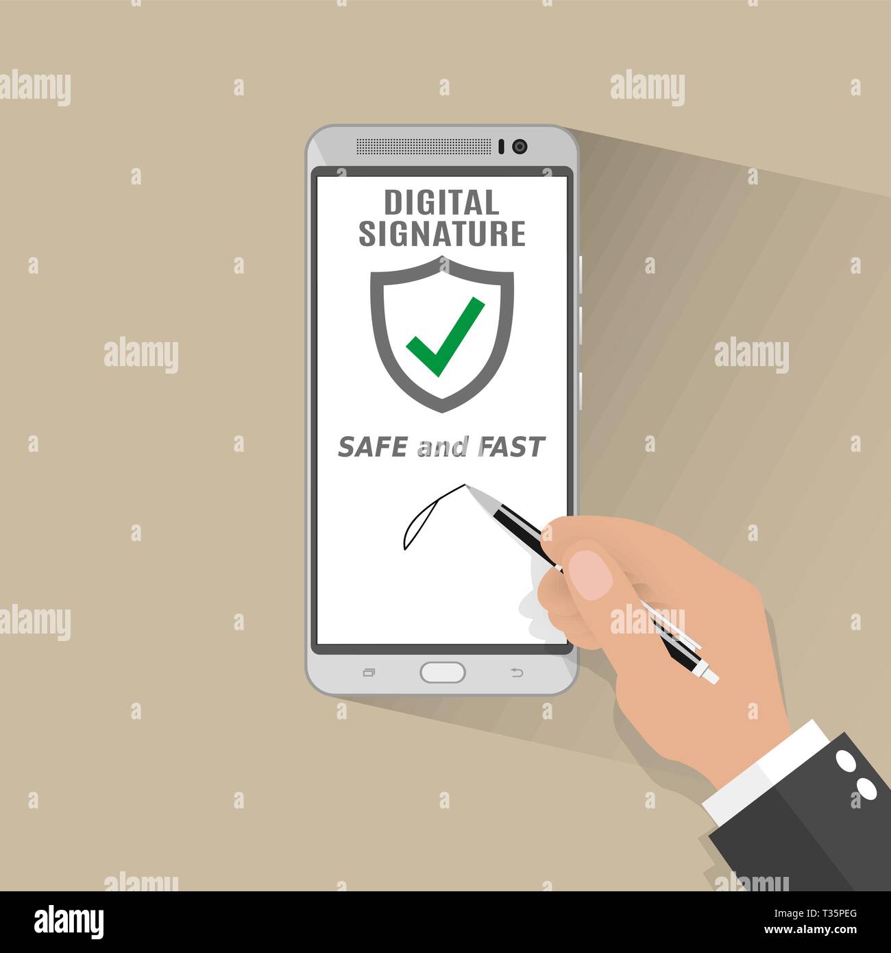 Businessman Hand Sign Digital Signature on Smart Phone. vector ...