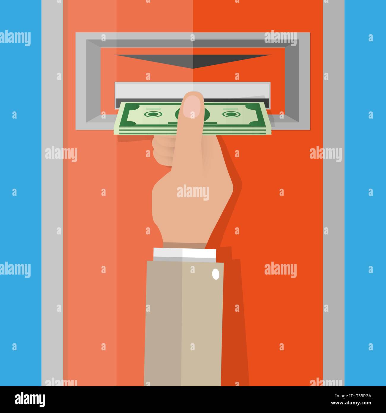 Cartoon hand take money cash from ATM slot. vector illustration in flat ...