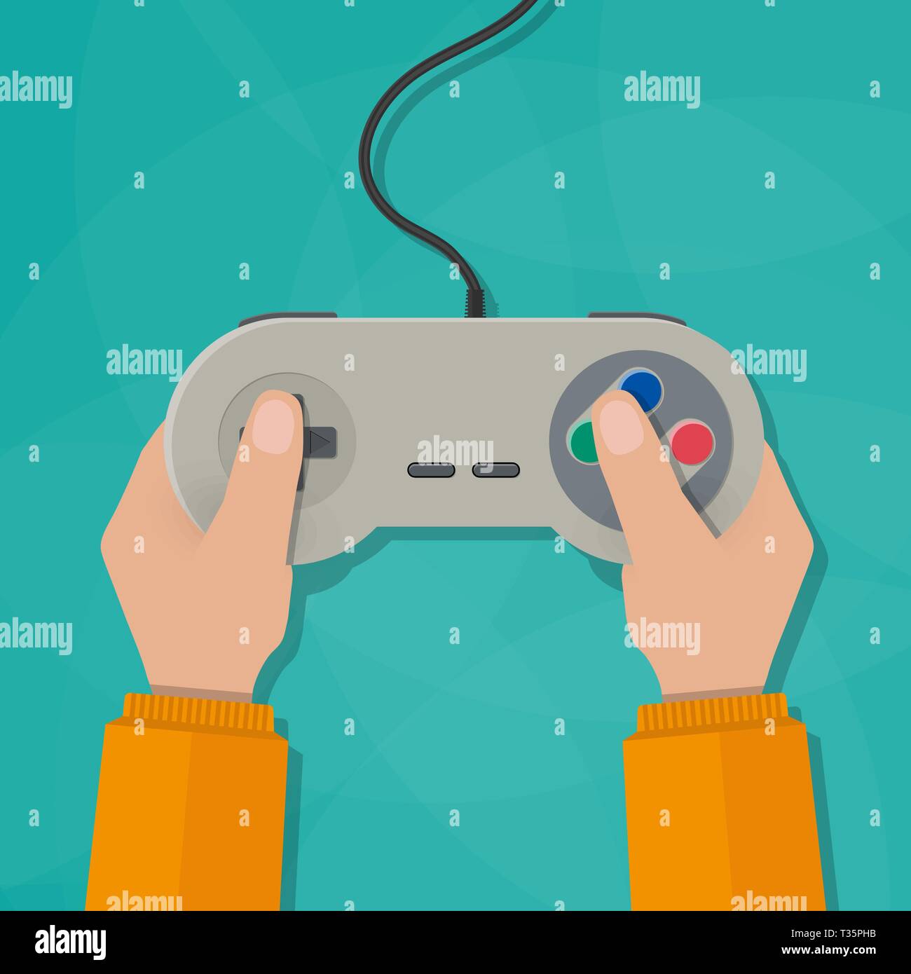 Hands holding wired old school gamepad. vector illustration in flat ...
