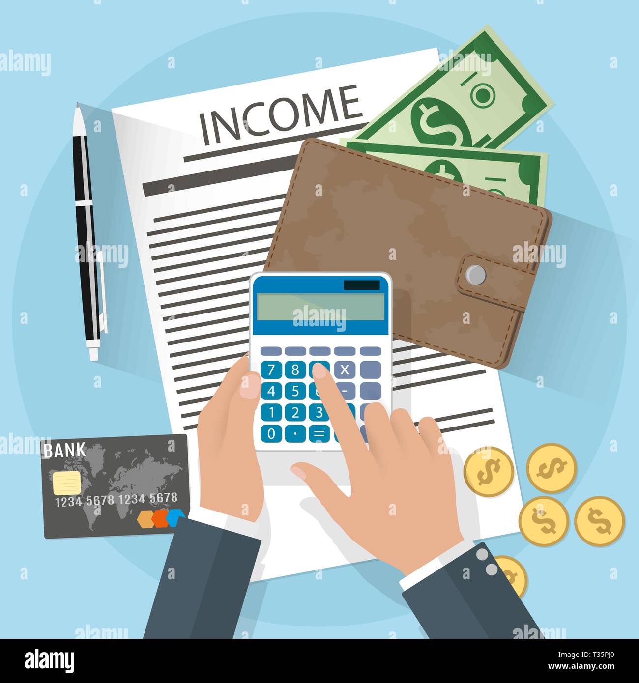 income concept. businessman hands holding calculator, wallet with cash ...