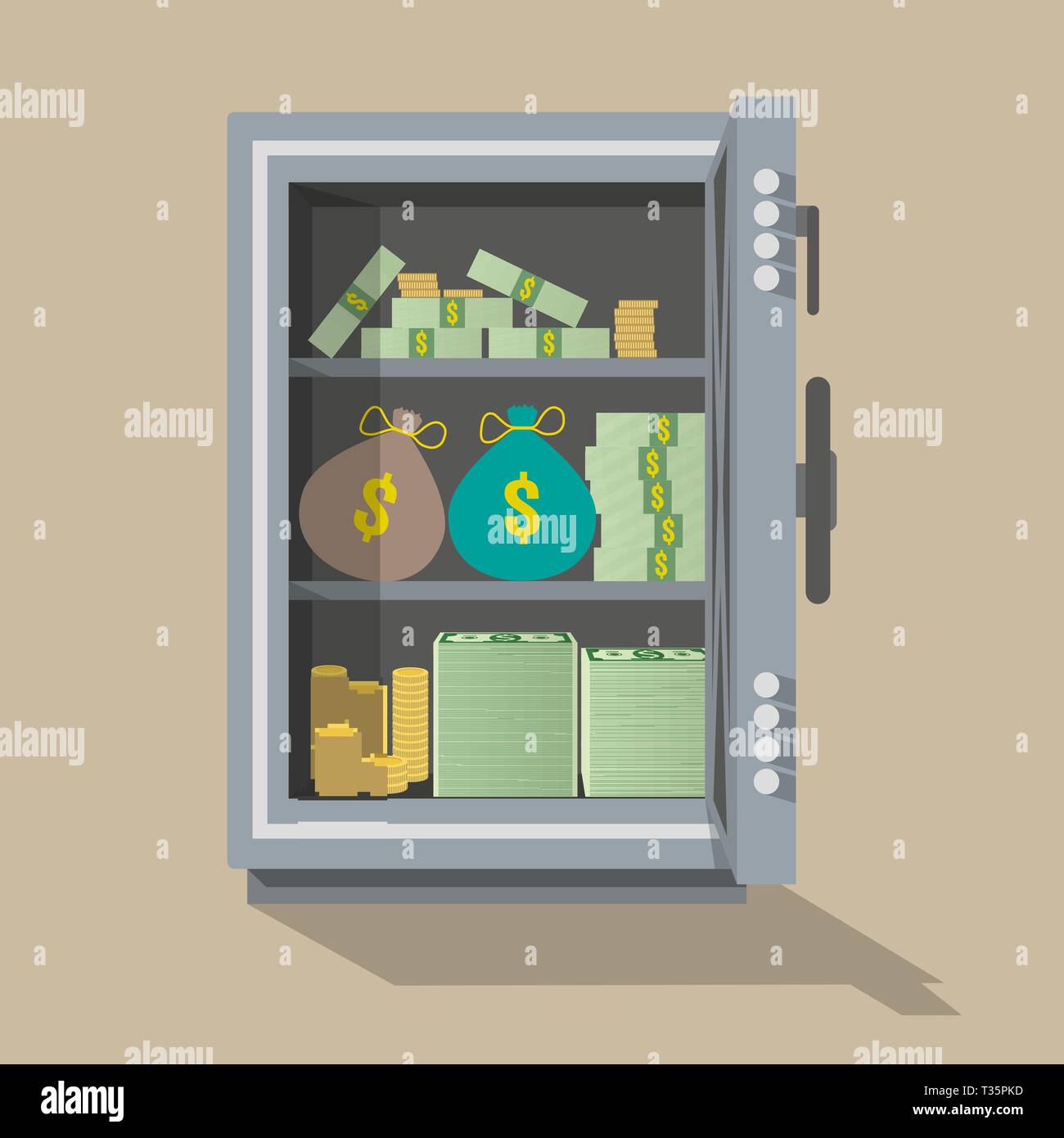 Safe front view. Opened silver metallic safe with money inside, gold ...
