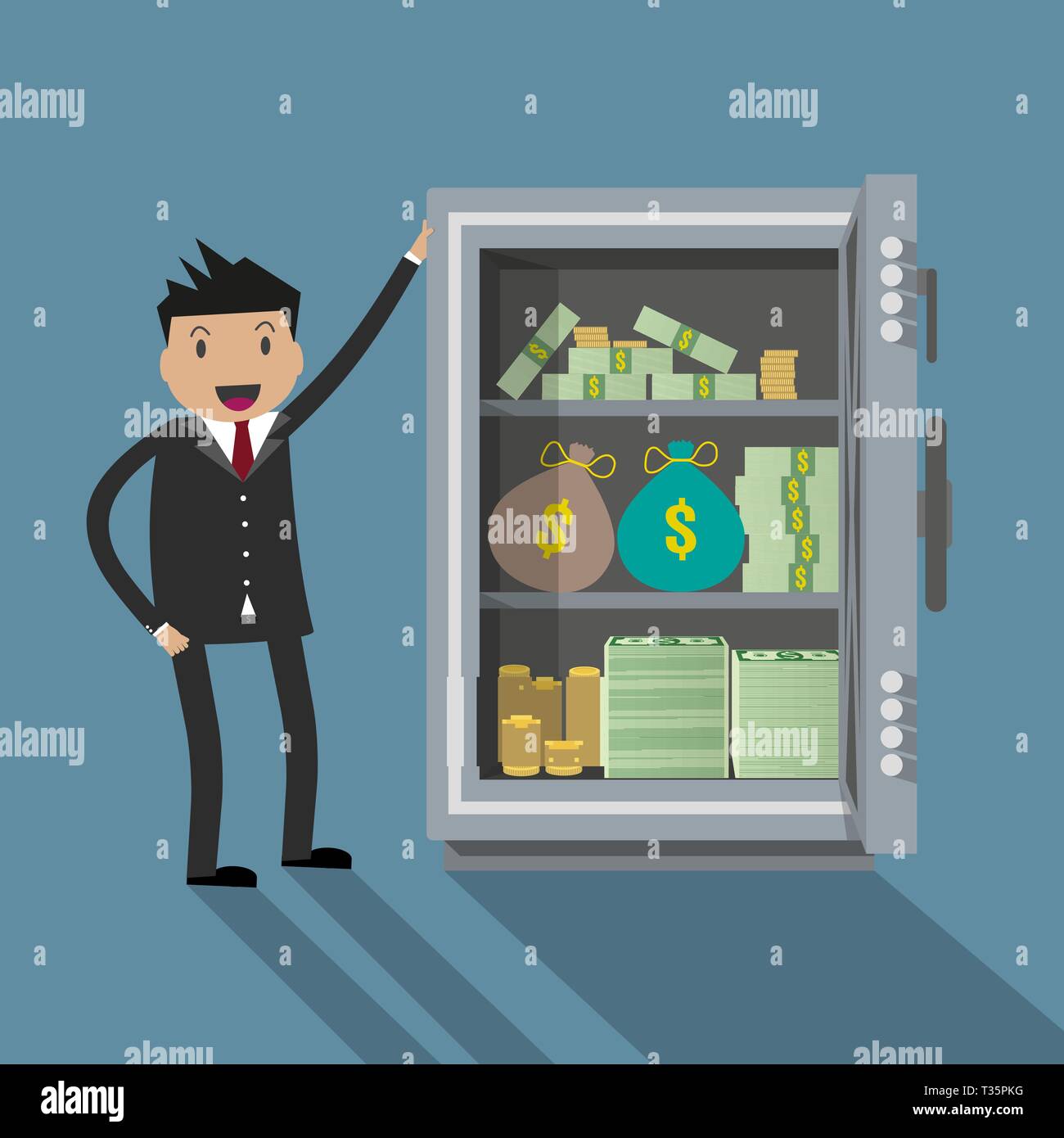 Cartoom Businessman with a lot of money bags and stacks of dollars in ...