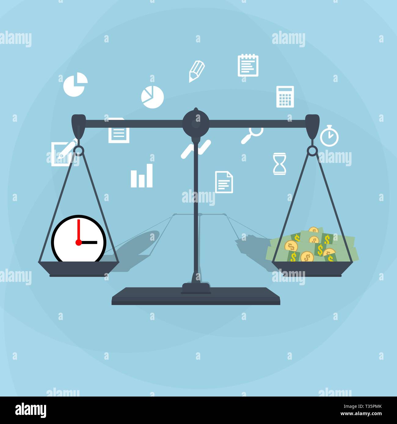Scale weighing money and time. financial concept. vector illustration ...