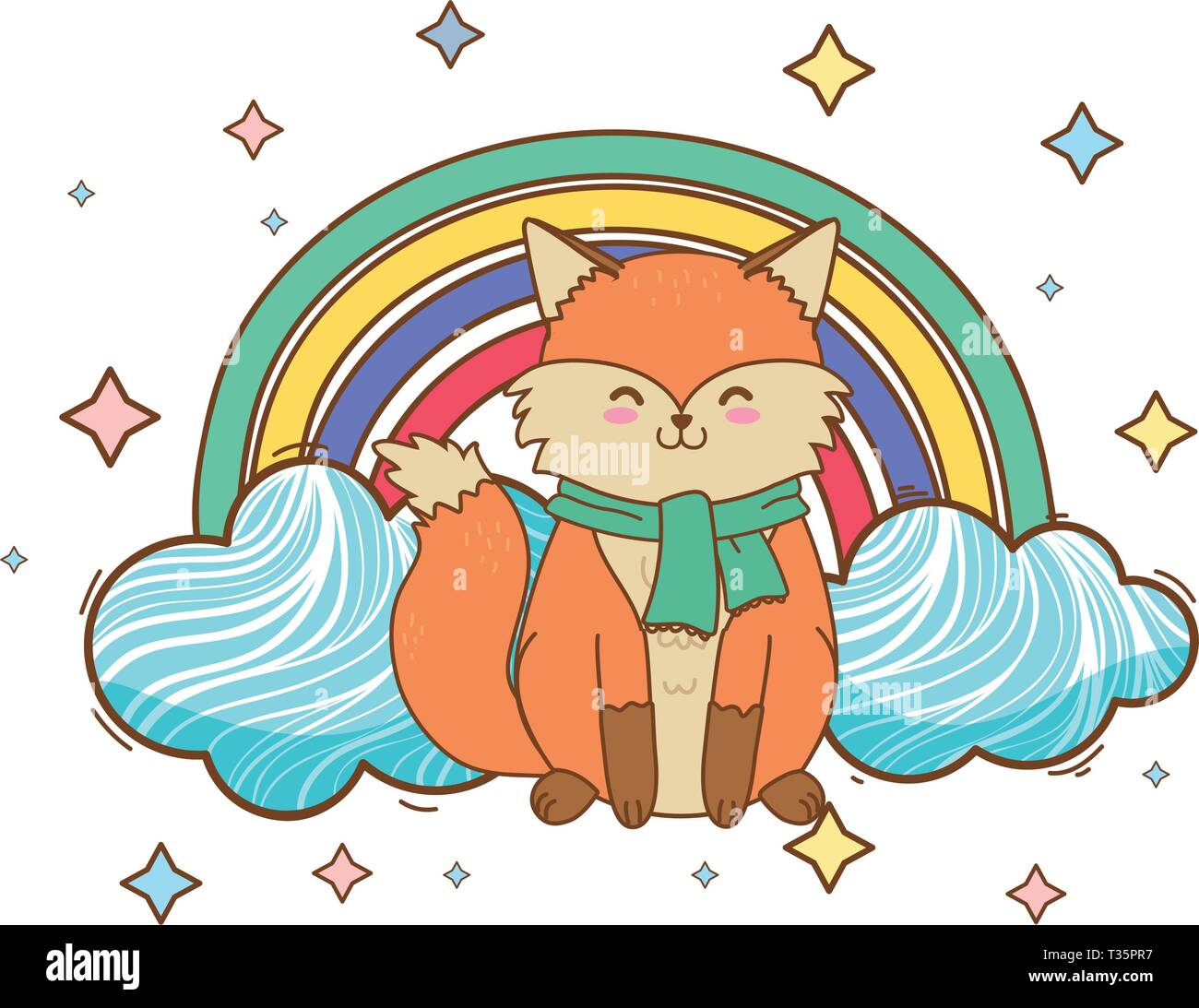 cute little animal fox in front rainbow cartoon vector illustration ...