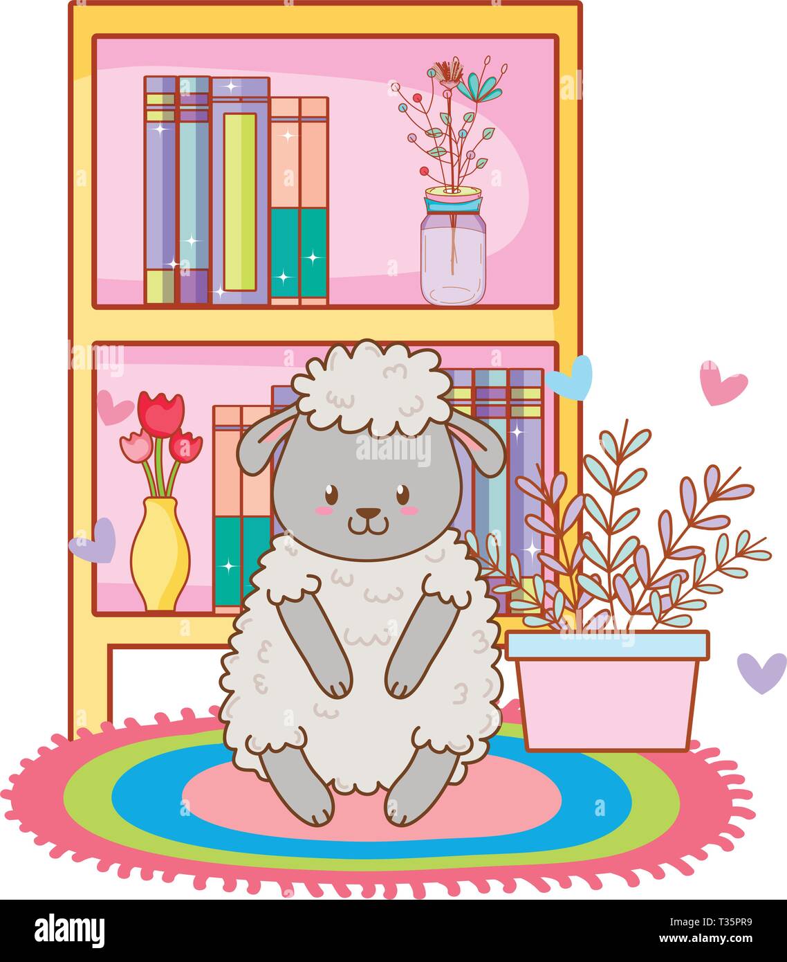 cute little animal sheep at library room with furniture cartoon vector ...