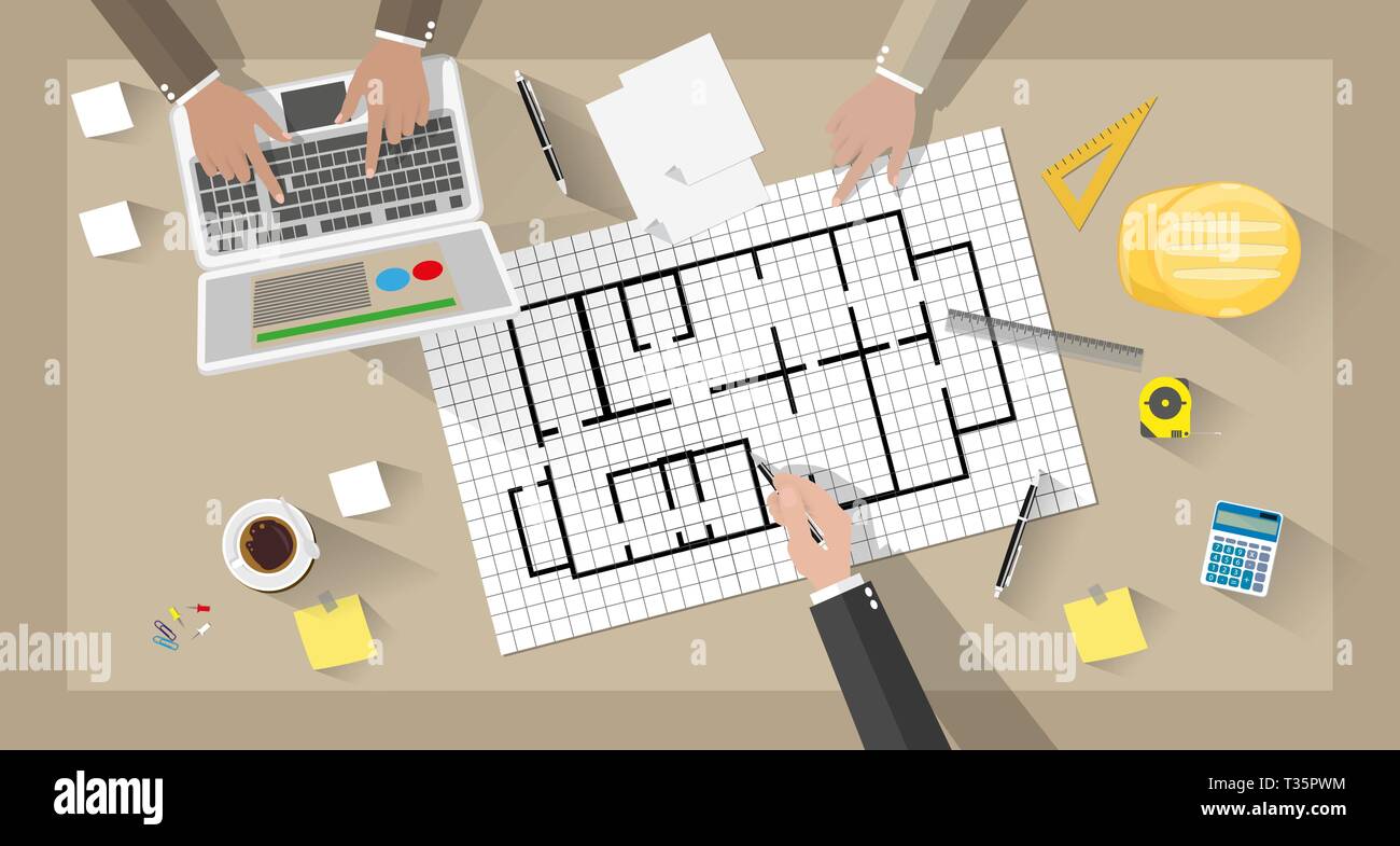 cartoon Construction engineers teamwork concept, desktop with work ...