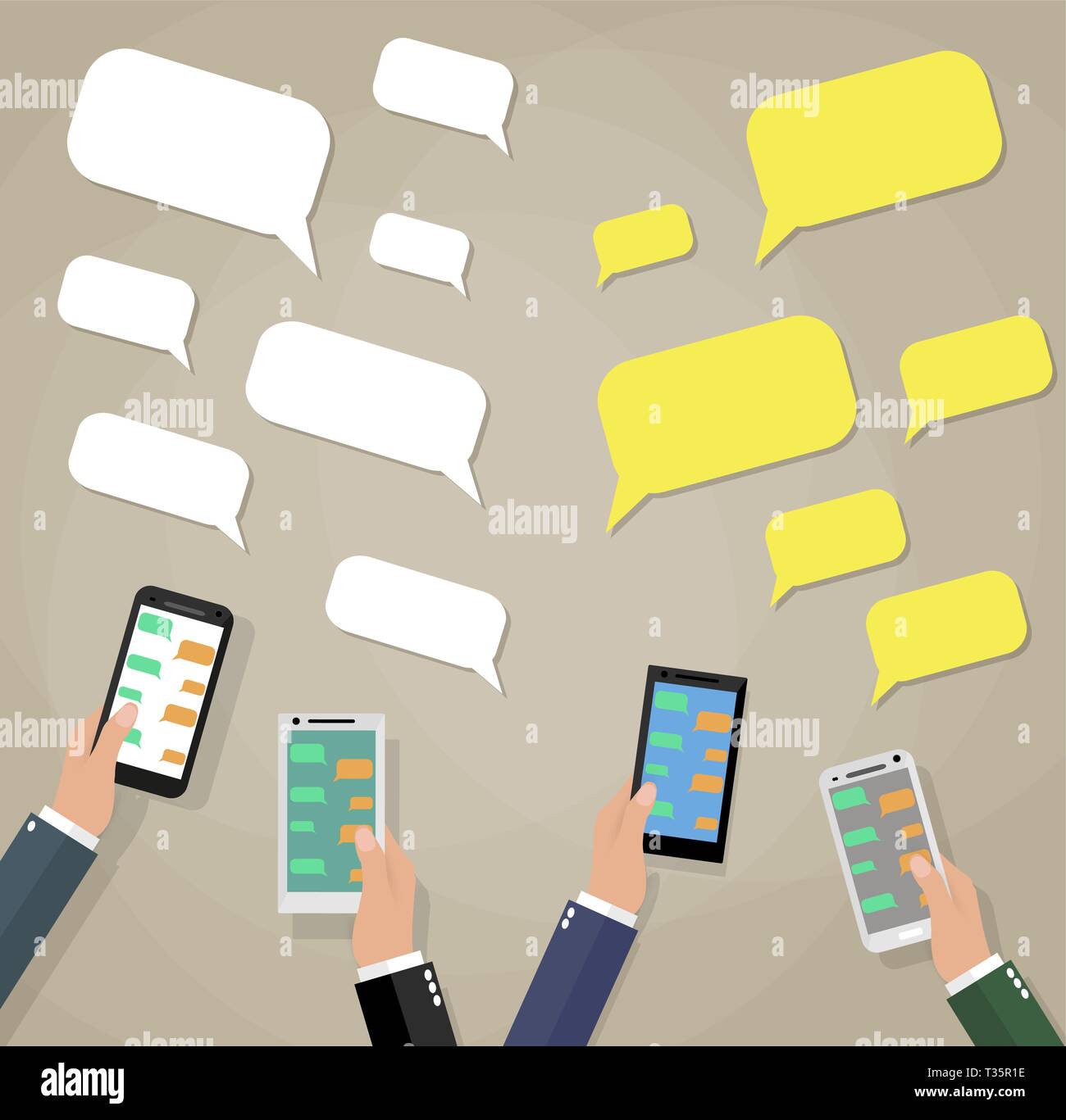 cartoon hands with smartphones and chat bubbles above, mobile messaging ...