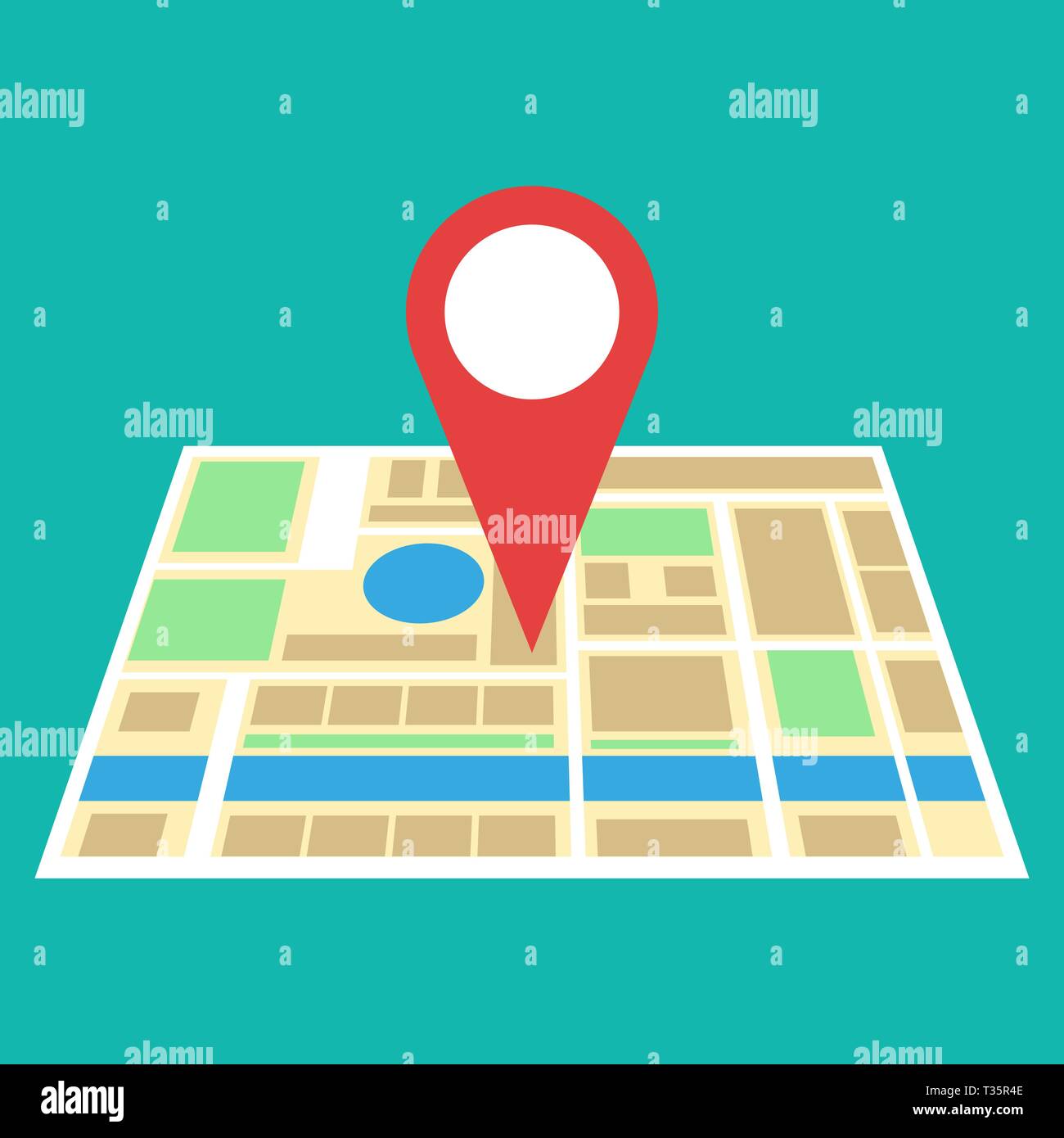 Navigation geolocation icon. City map with red pin, vector illustration in flat design on green ...