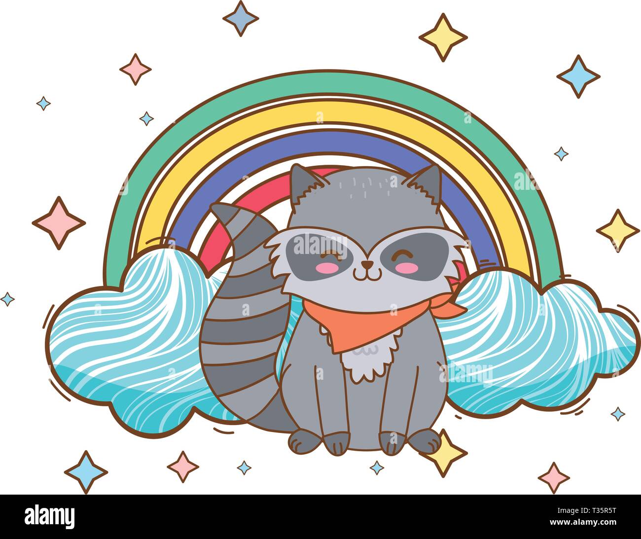 cute little animal raccoon in front rainbow cartoon vector illustration ...