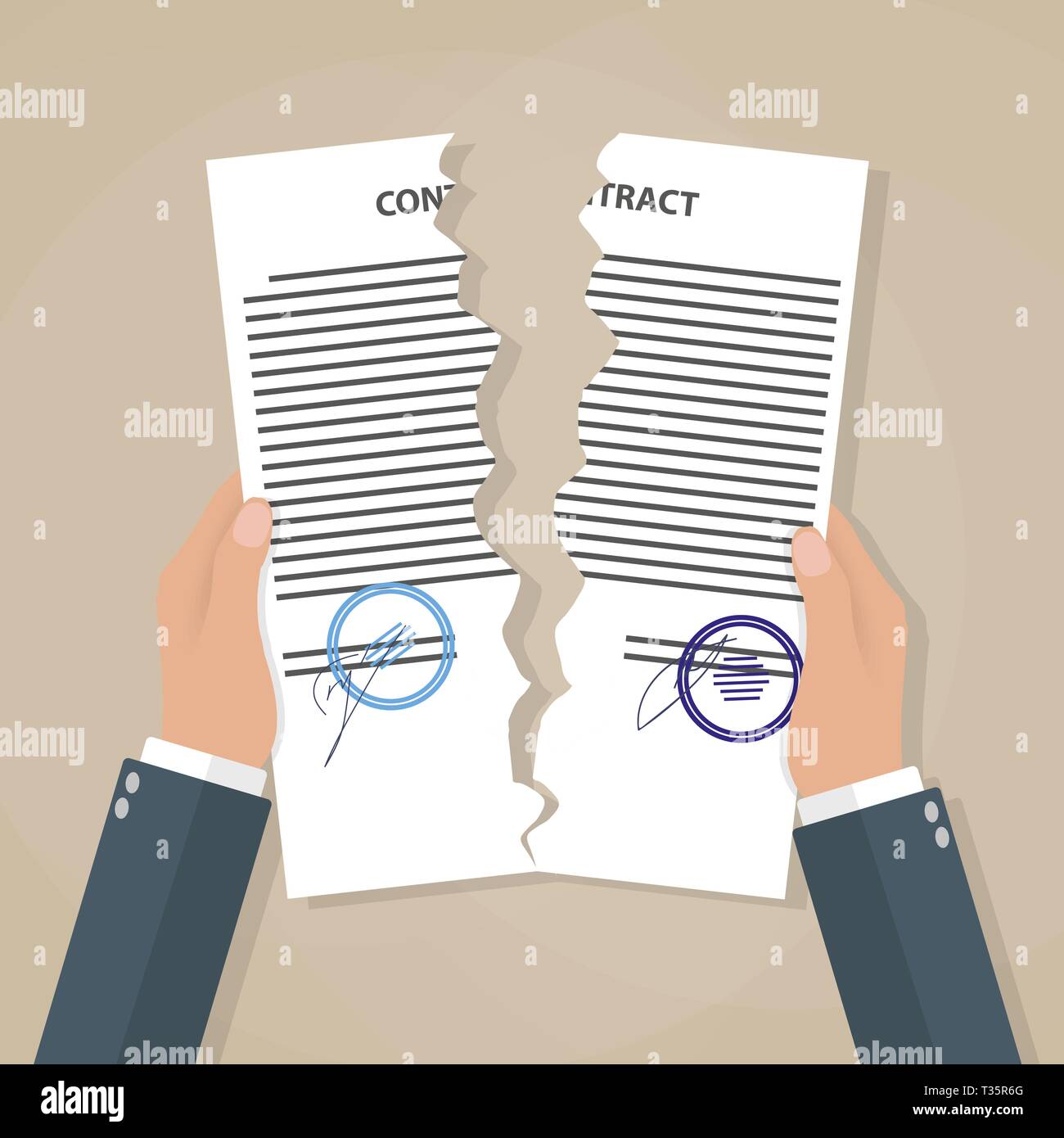 Cartoon businessman hands tearing apart contract. Contract termination ...