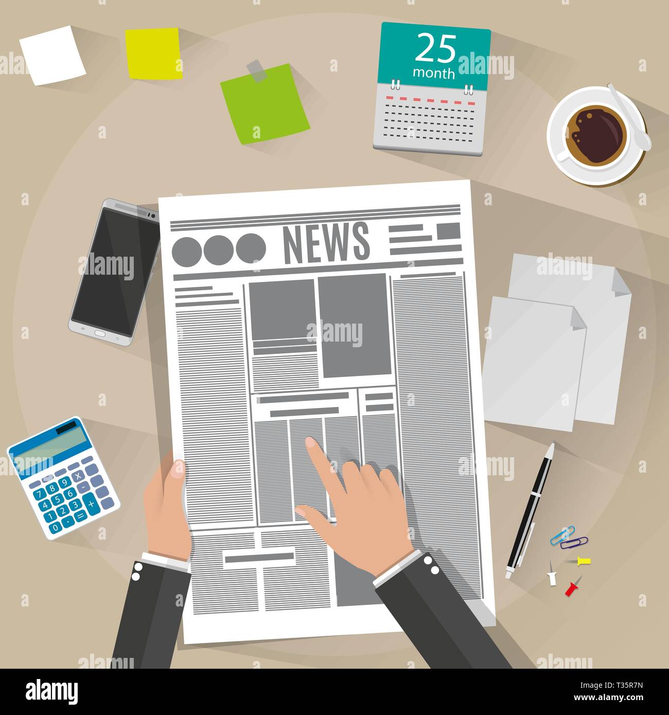 Cartoon businessman hand holding newspaper. Desk with calculator ...