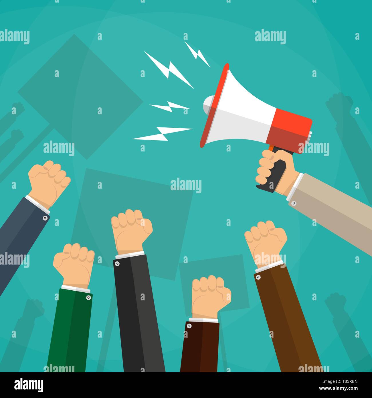 Cartoon hands of demonstrants and hand with Megaphone, protest concept ...