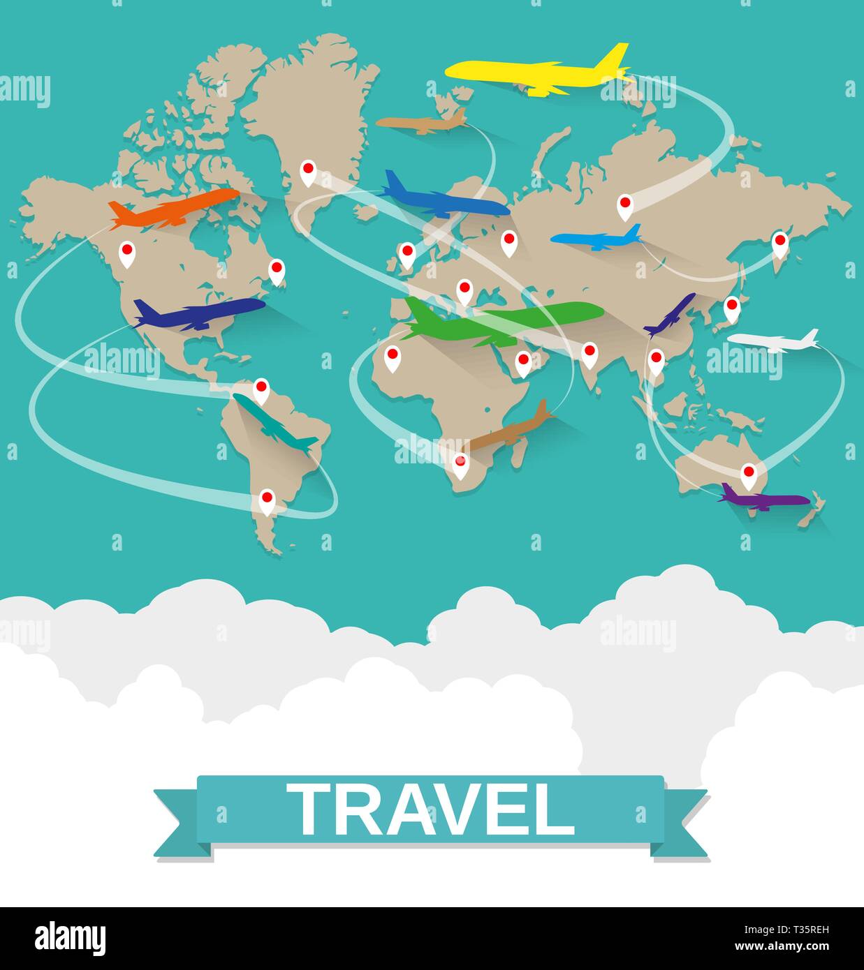 World map with routes airplane, clouds with sign on green background ...