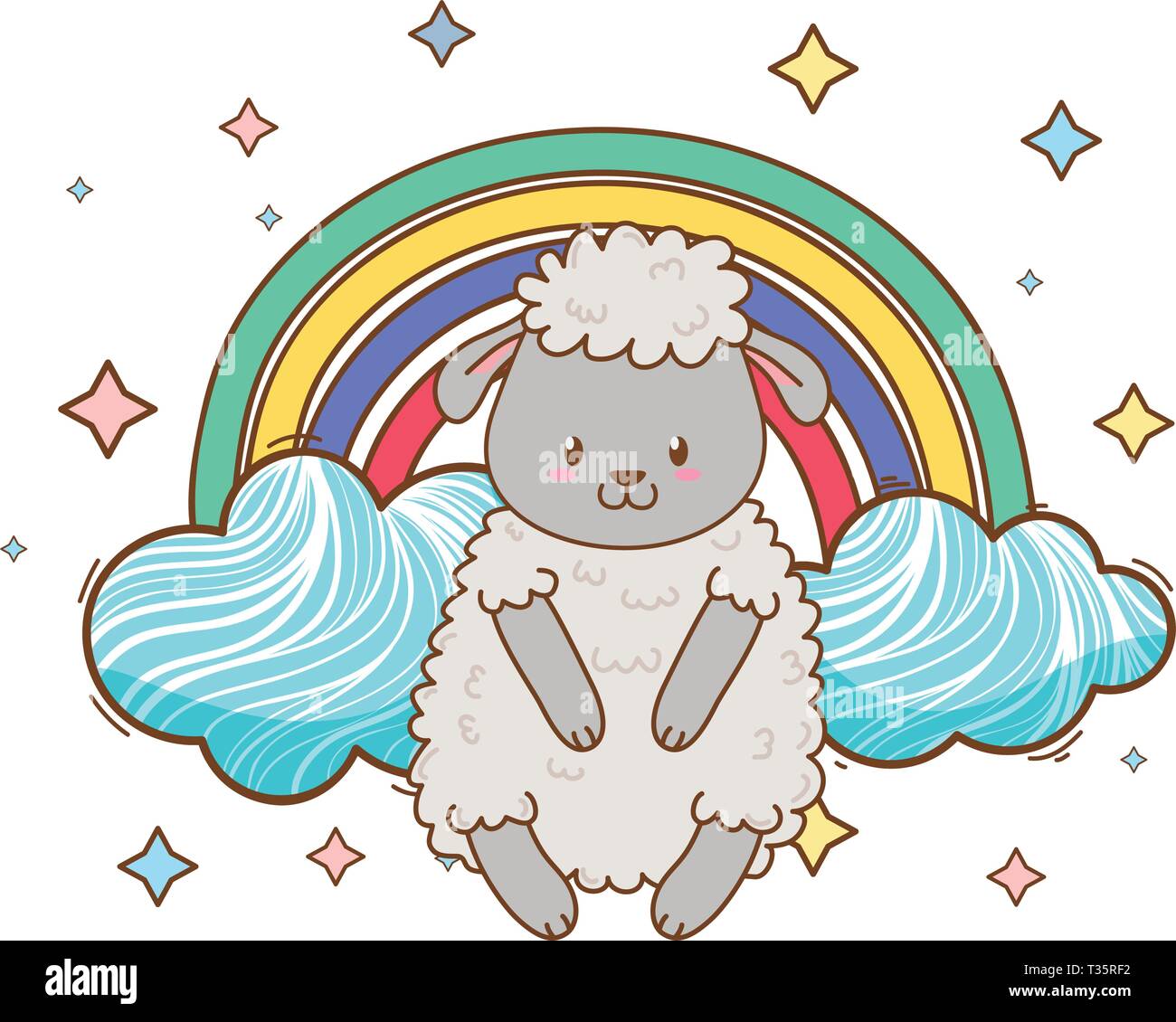 cute little animal sheep in front rainbow cartoon vector illustration ...