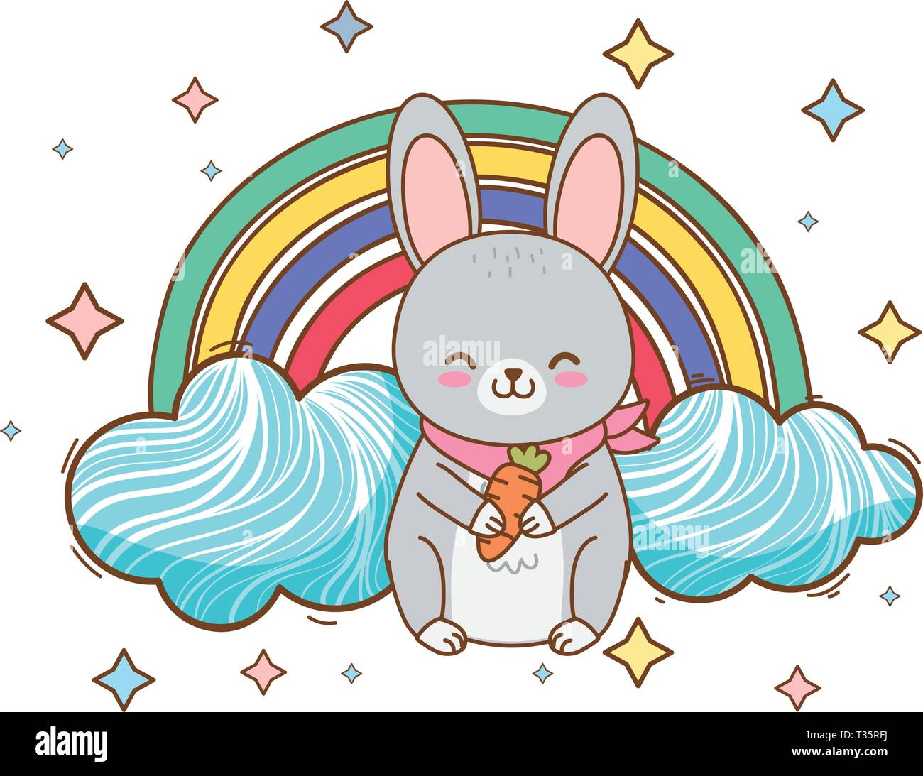 cute little animal rabbit bunny in front rainbow cartoon vector ...