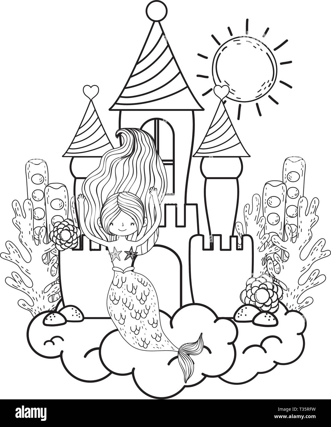 Illustration beautiful mermaid castle fish Black and White Stock Photos ...