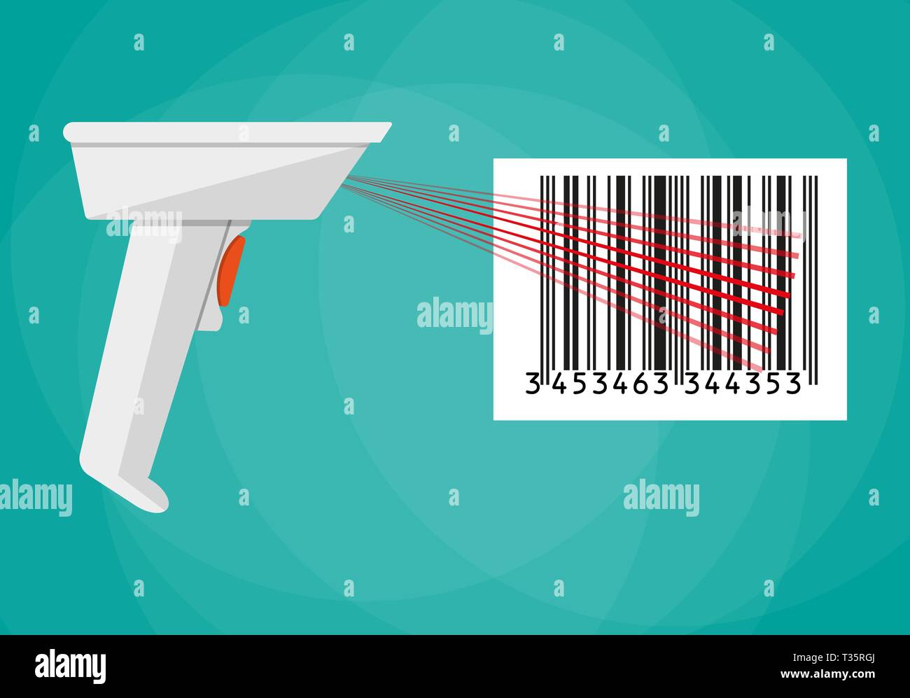 hand held barcode scanner. vector illustration in flat design on green ...
