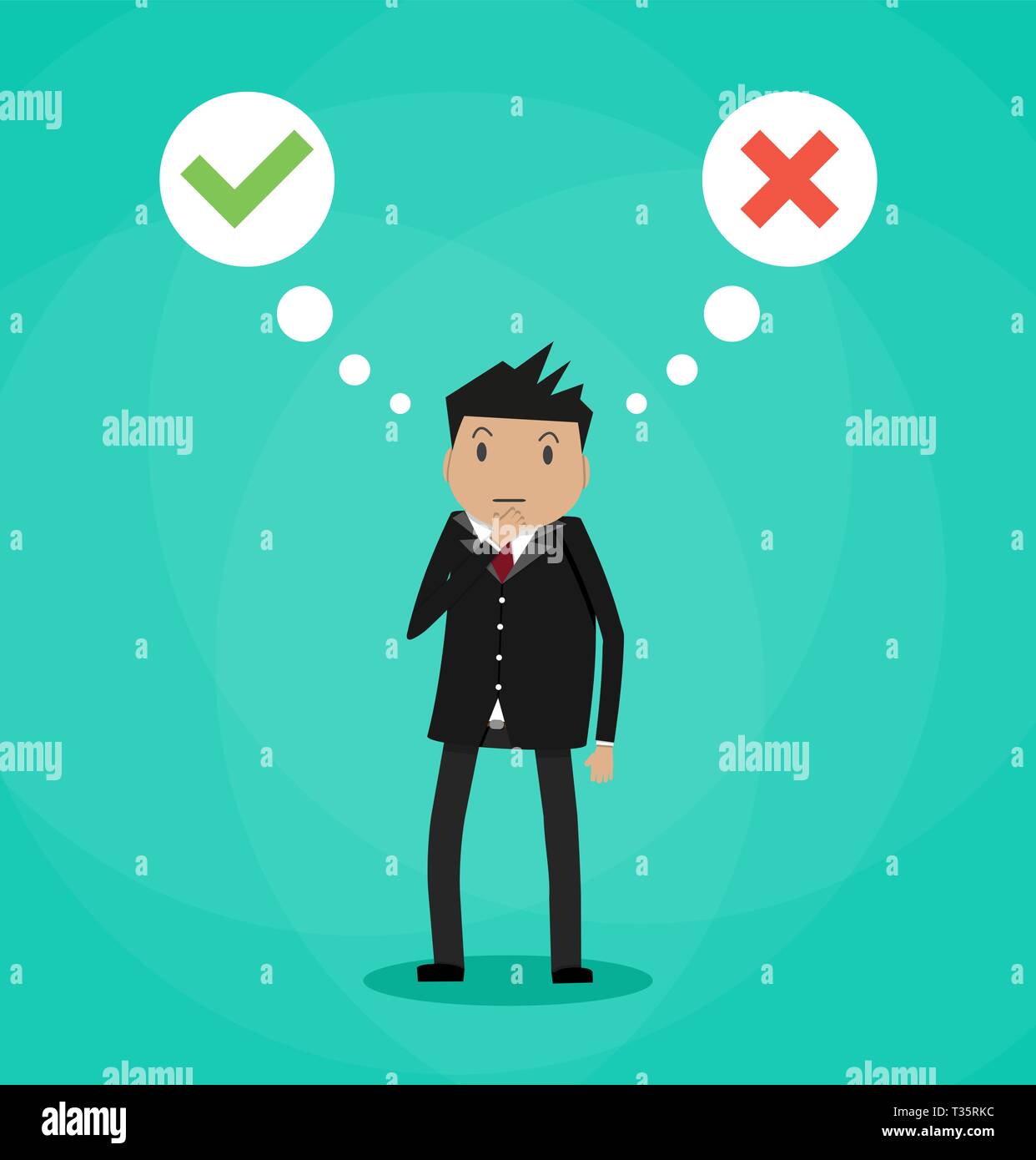 Cartoon businessman and speech bubbles with checkmarks above. Decision ...