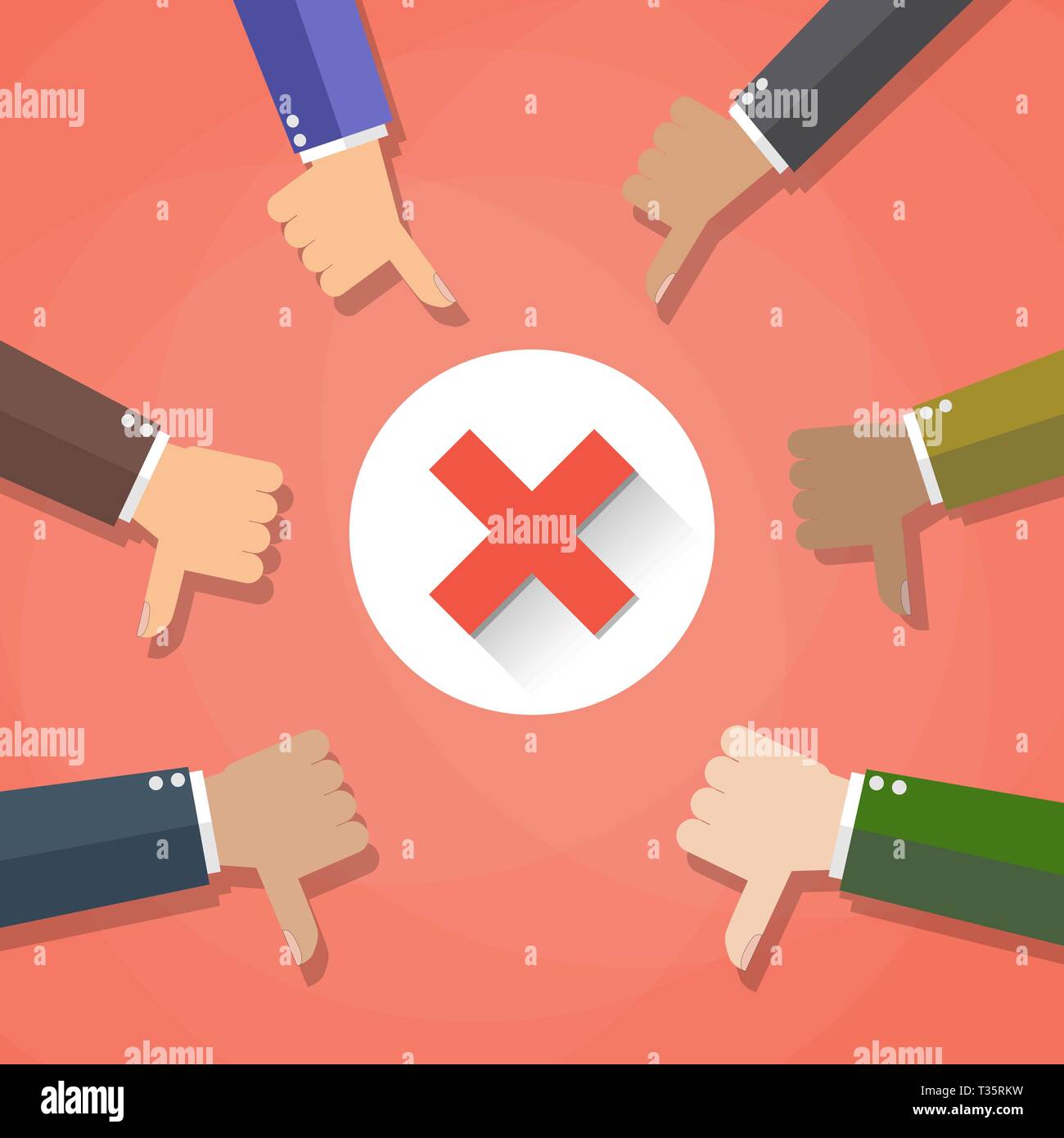 Six cartoon Businessmans hands hold thumbs down. negative checkmark in ...
