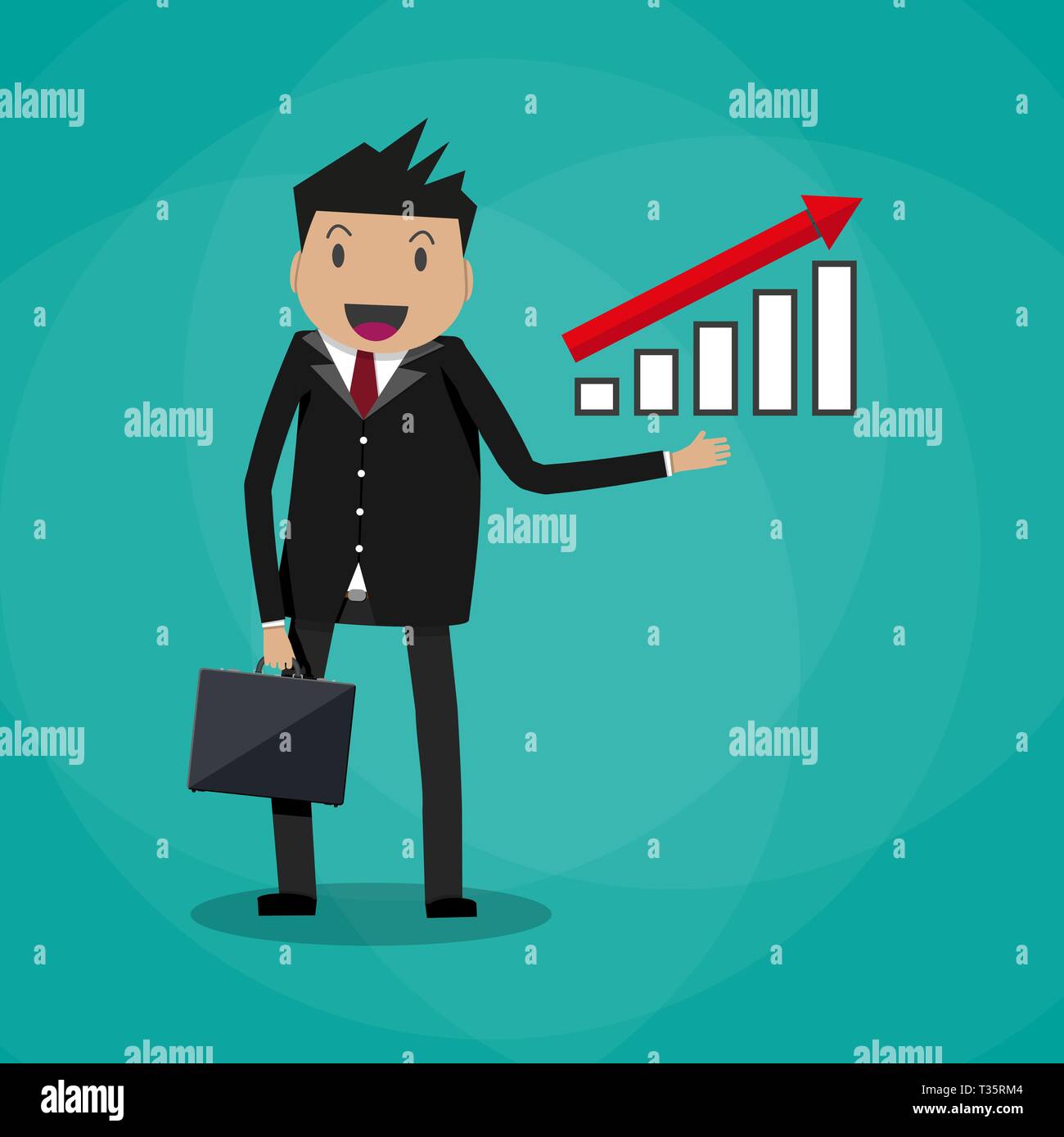 Cartoon happy businessman with briefcase with showing raising arrow and ...